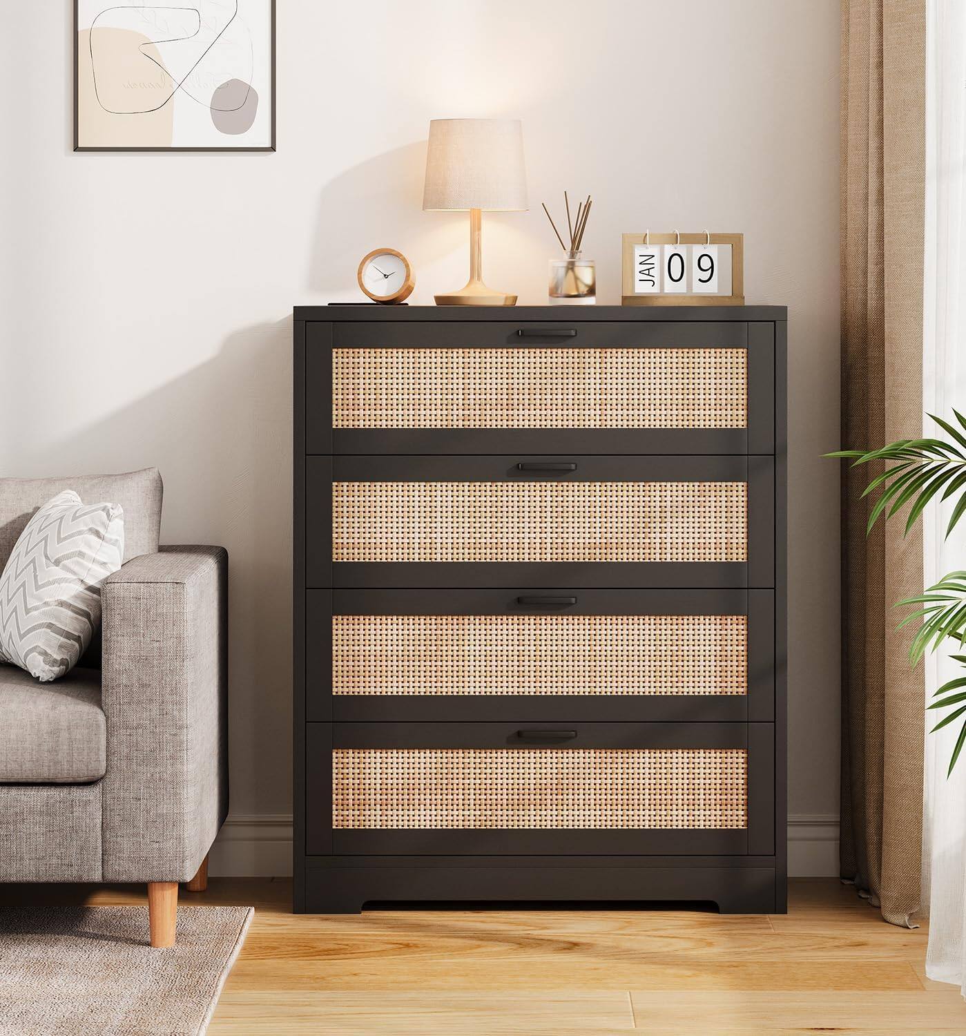 GARVEE Tall 4 Drawer Rattan Dresser, Modern Storage Chest, Wood Top ...