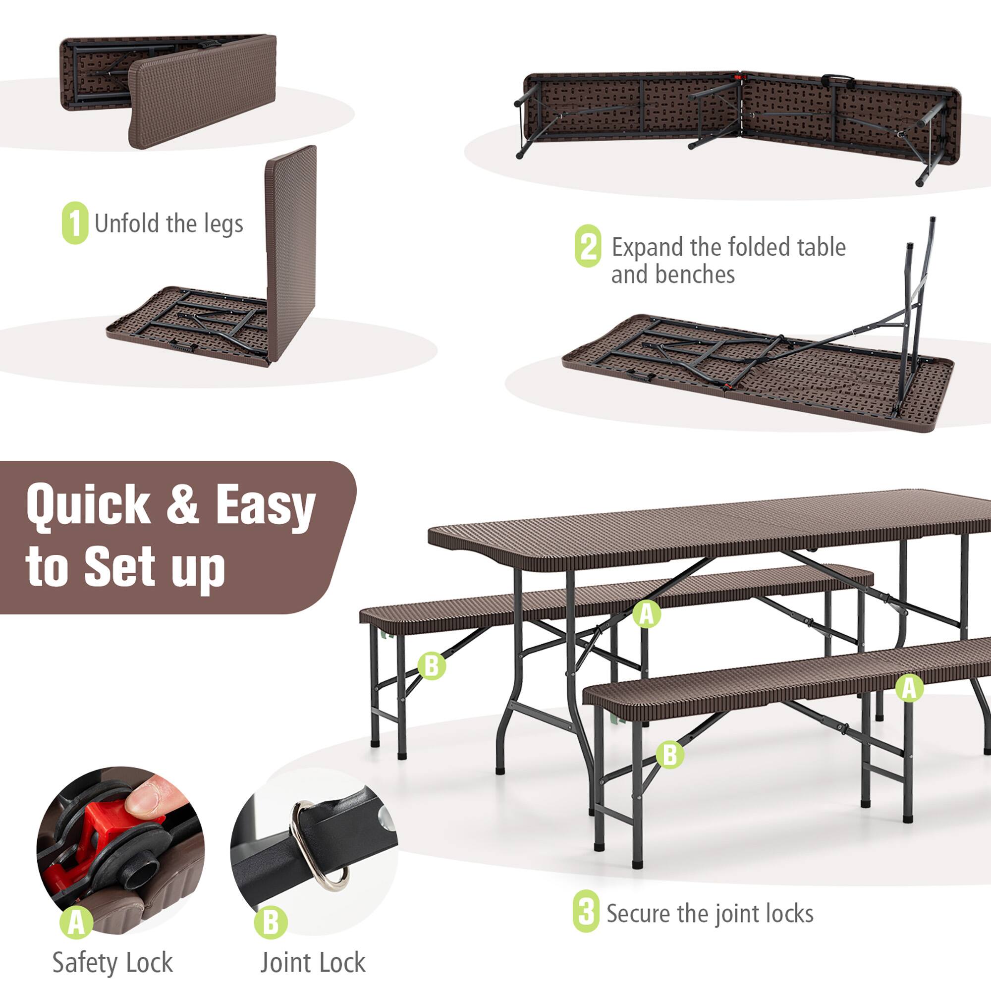 Gymax 3 Piece Folding Picnic Table Set w/ 6 ft Table & 2 Benches for ...