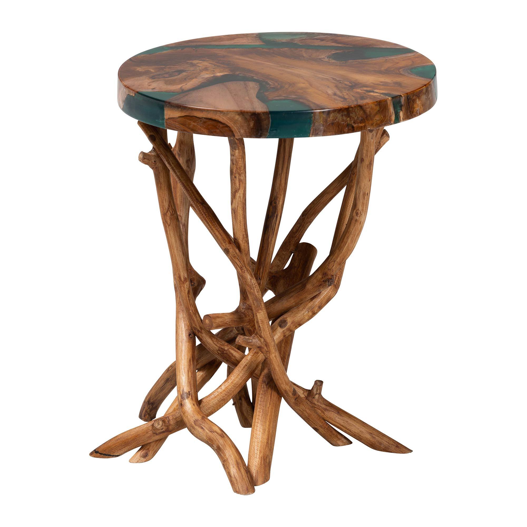 bali & pari Amada Teak Wood Epoxy Resin End Table Round Live Edge Side Table with Branch Legs ...