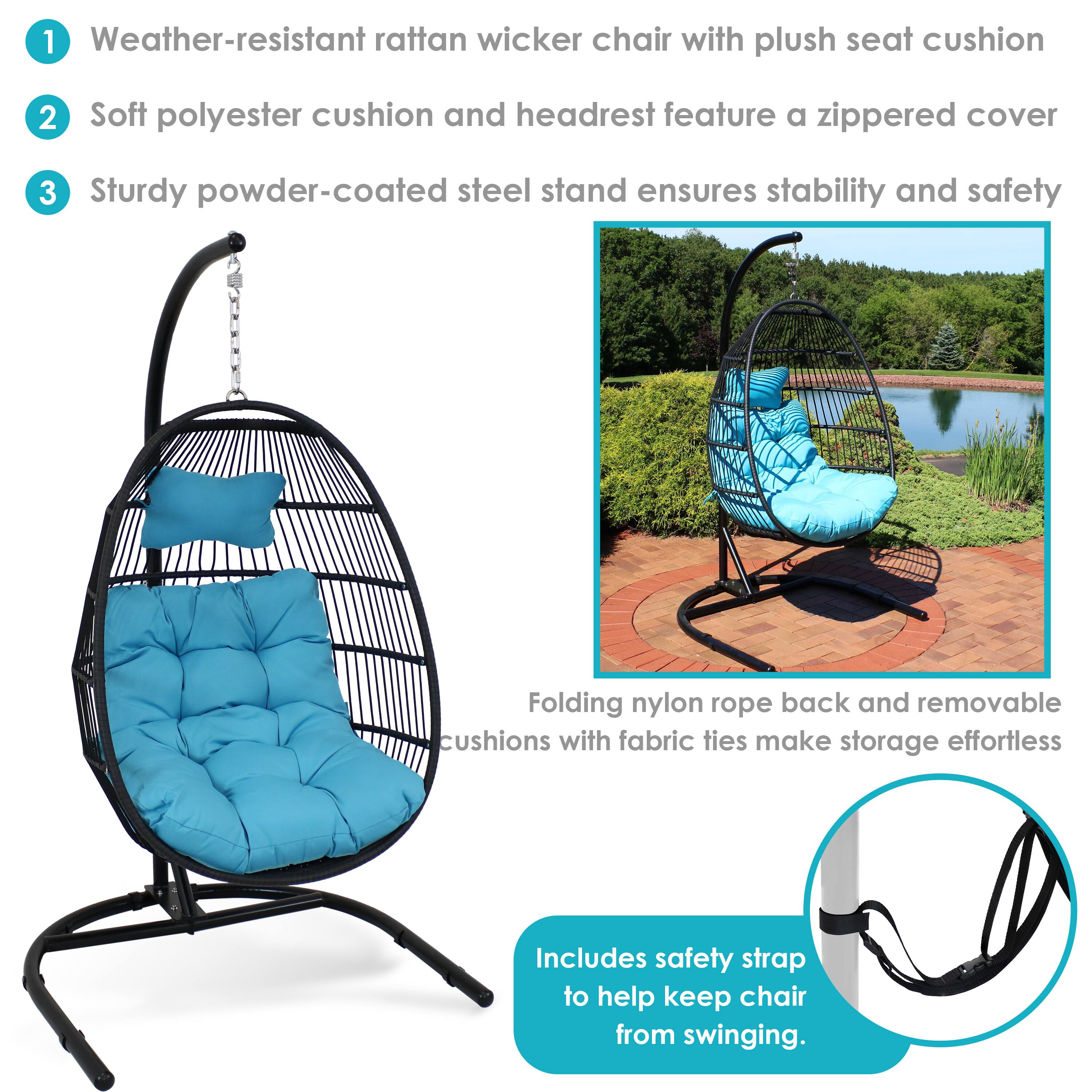 Sunnydaze Resin Wicker Hanging Egg Chair with Steel Stand/Cushions Blue ...