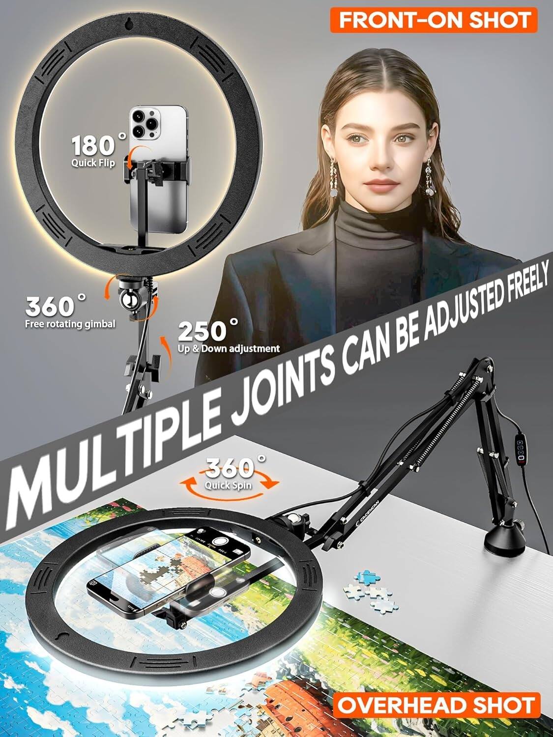 PARKER SLATER 12" LED Desk Ring Light with Overhead Phone Mount ...