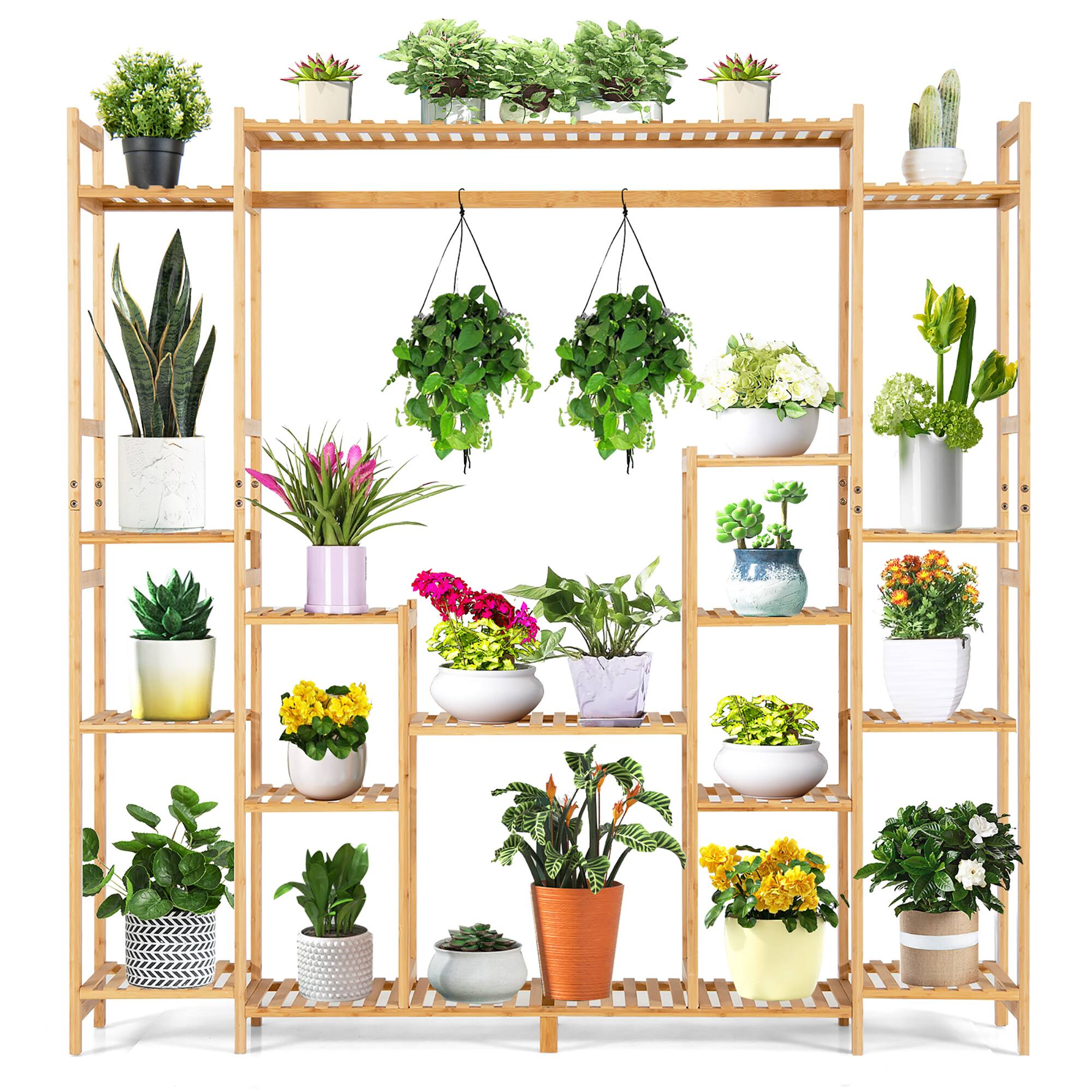Costway 9 Tier Bamboo Plant Stand Potted Holder w/Hanging Rack Tall ...