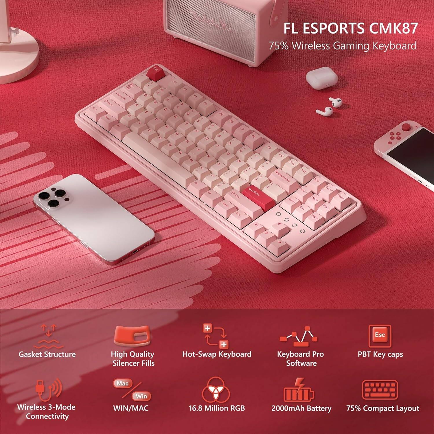 FL.ESPORTS CMK87 87 Key Wireless Gaming Mechanical Keyboard, 3 Modes Creamy Mechanical Hot Swap ...