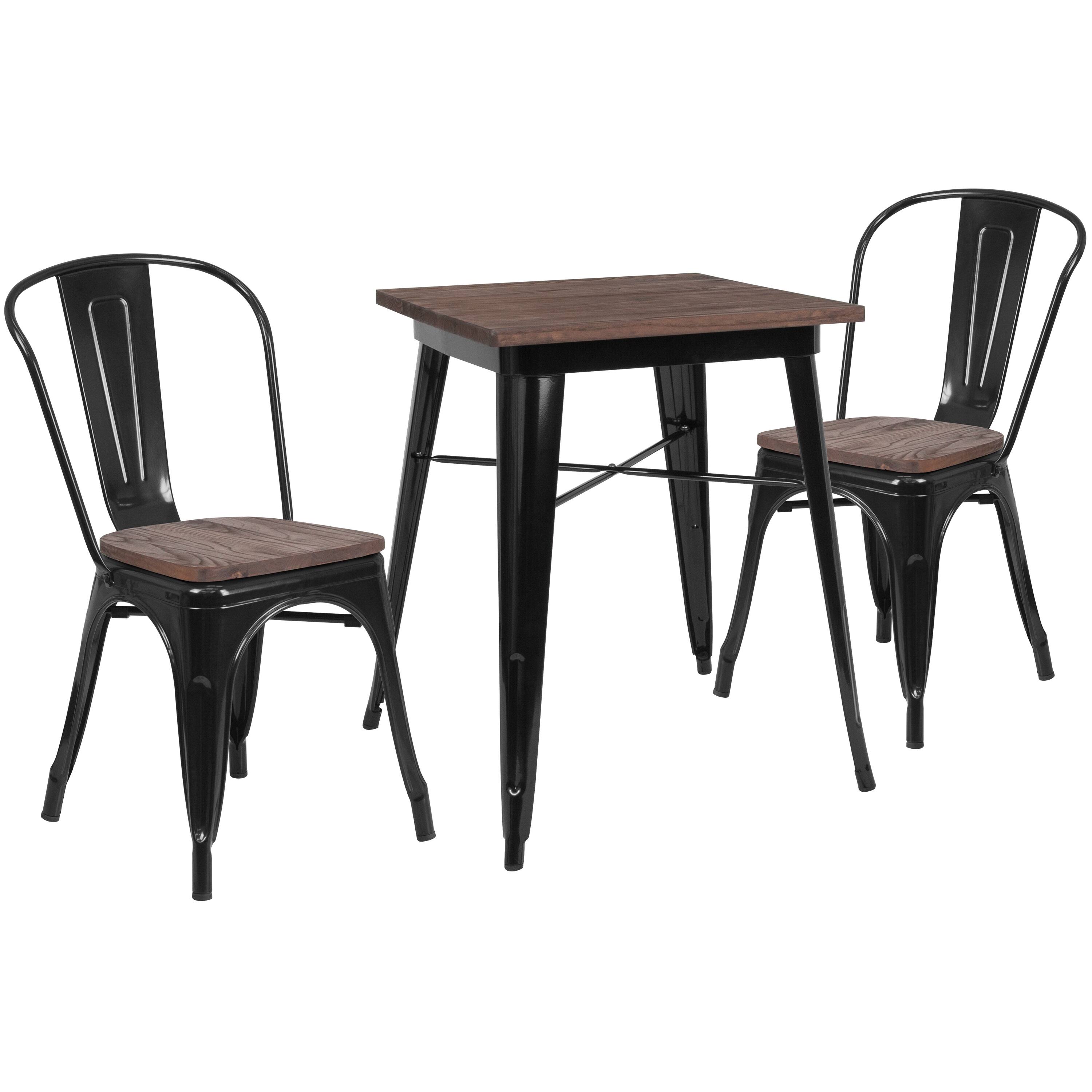 Emma + Oliver 23.5" Square Metal/Wood Table Set 2 Stack Chairs Black ...