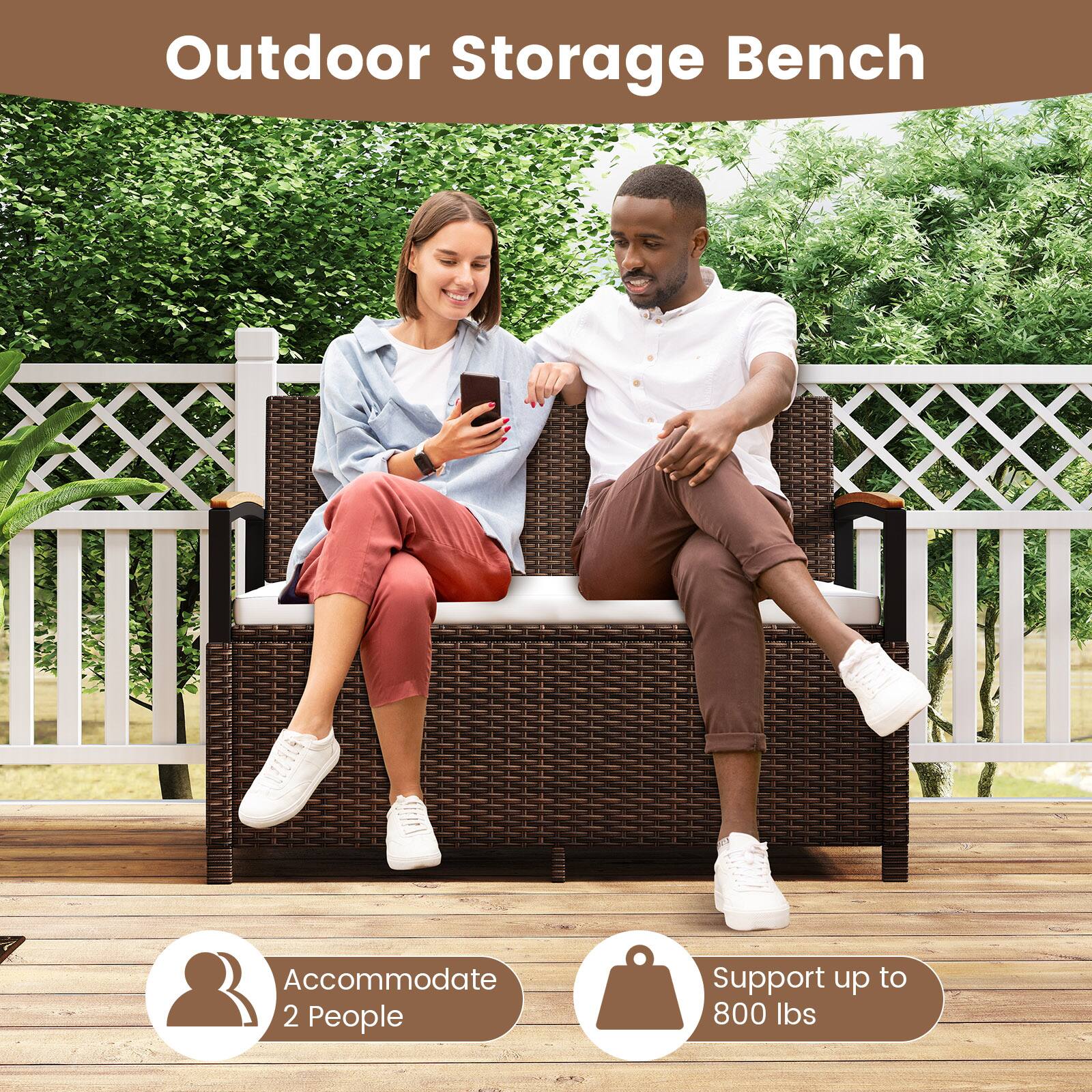 Gymax Outdoor Storage Bench w/Cushion Backrest & Acacia Wood Armrests ...