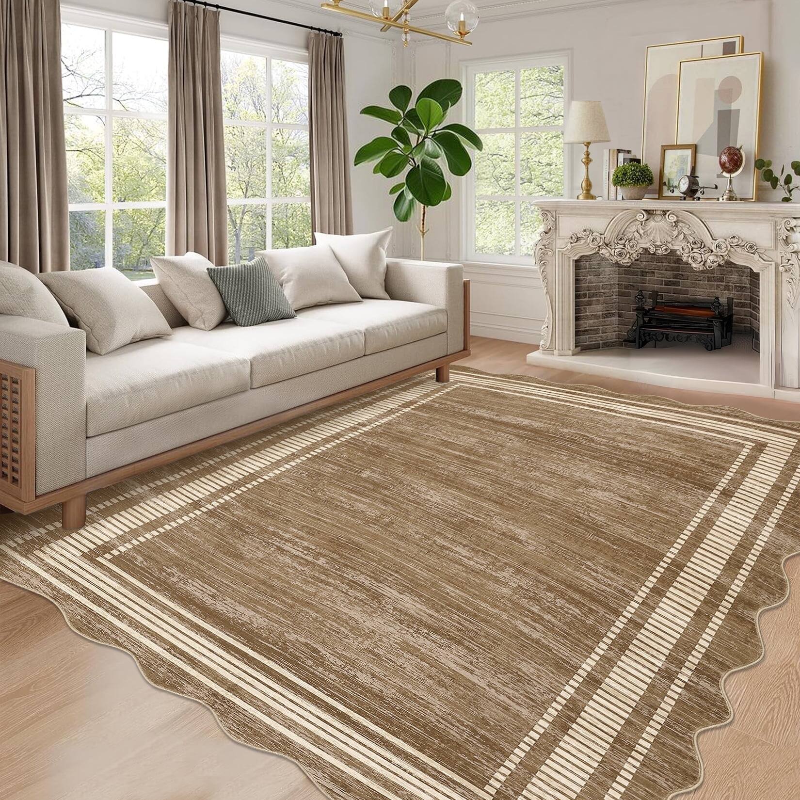 Homhougo 9x12 Modern Bordered Abstract Scalloped Rug, Non Slip, Low ...