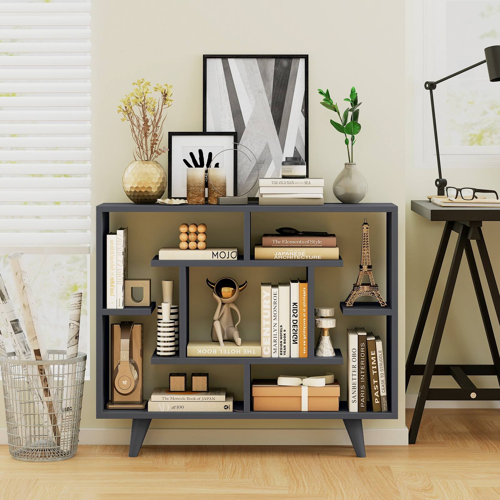 SlickBlue Geometric Bookshelf with Open Storage Shelves and Anti ...