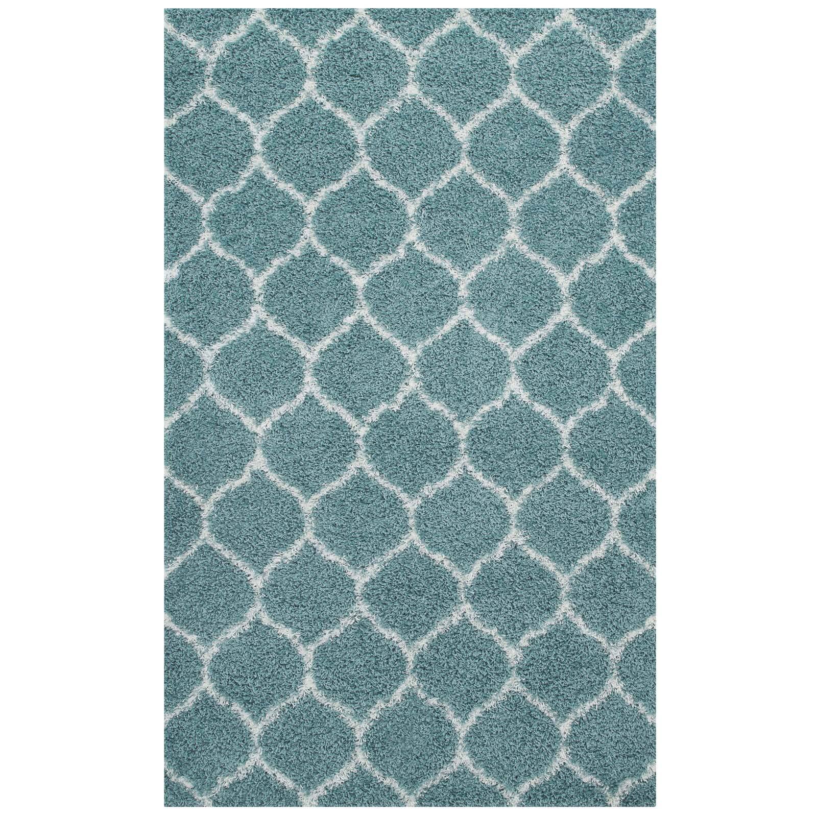 Modway Solvea Moroccan Trellis Shag Area Rug Aqua Blue and Ivory R ...