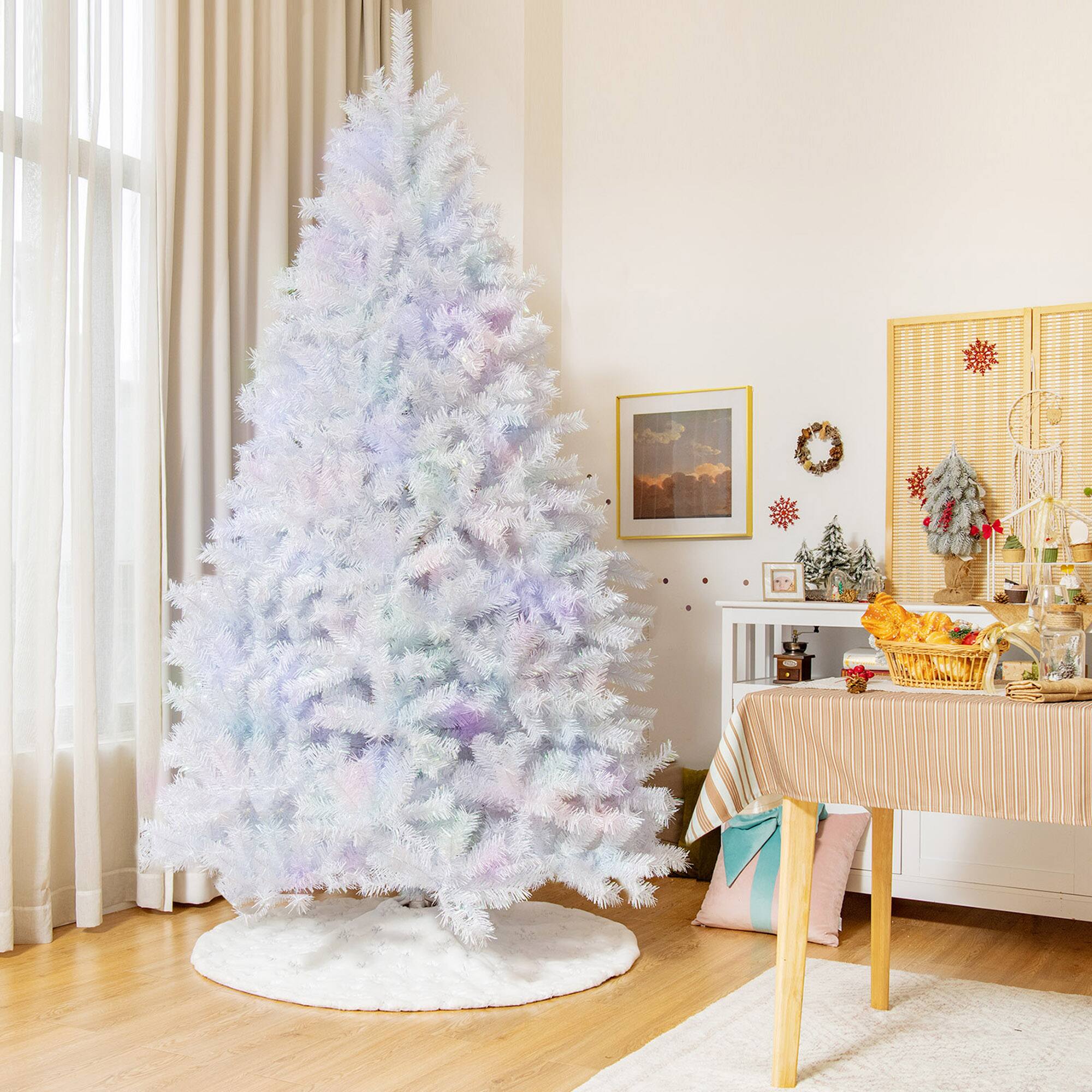 Gymax 8 FT Artificial Christmas Tree Hinged Unlit Iridescent Xmas Tree ...