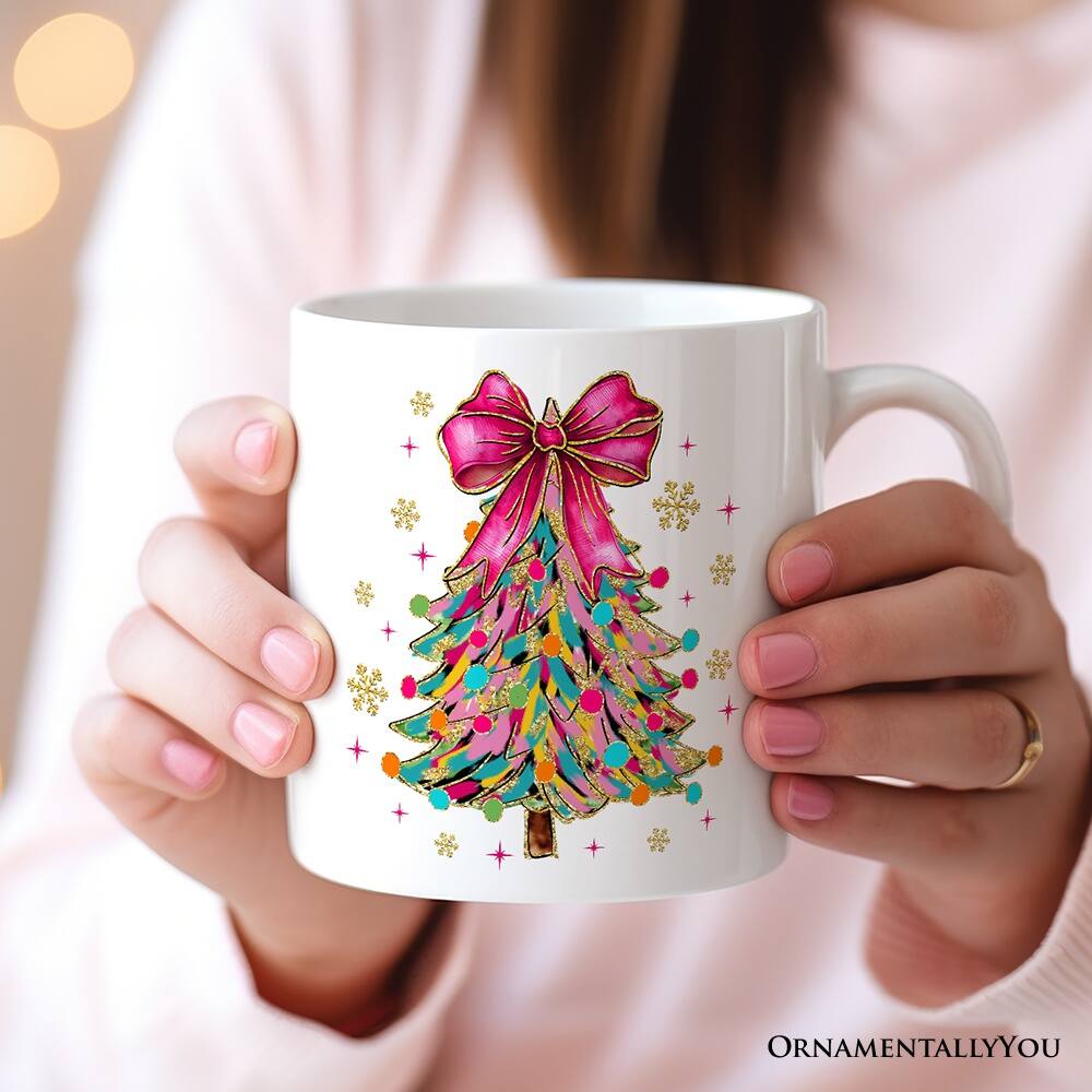 OrnamentallyYou Colorful Glitter Christmas Tree Pink Bow Mug, Pink Bow ...