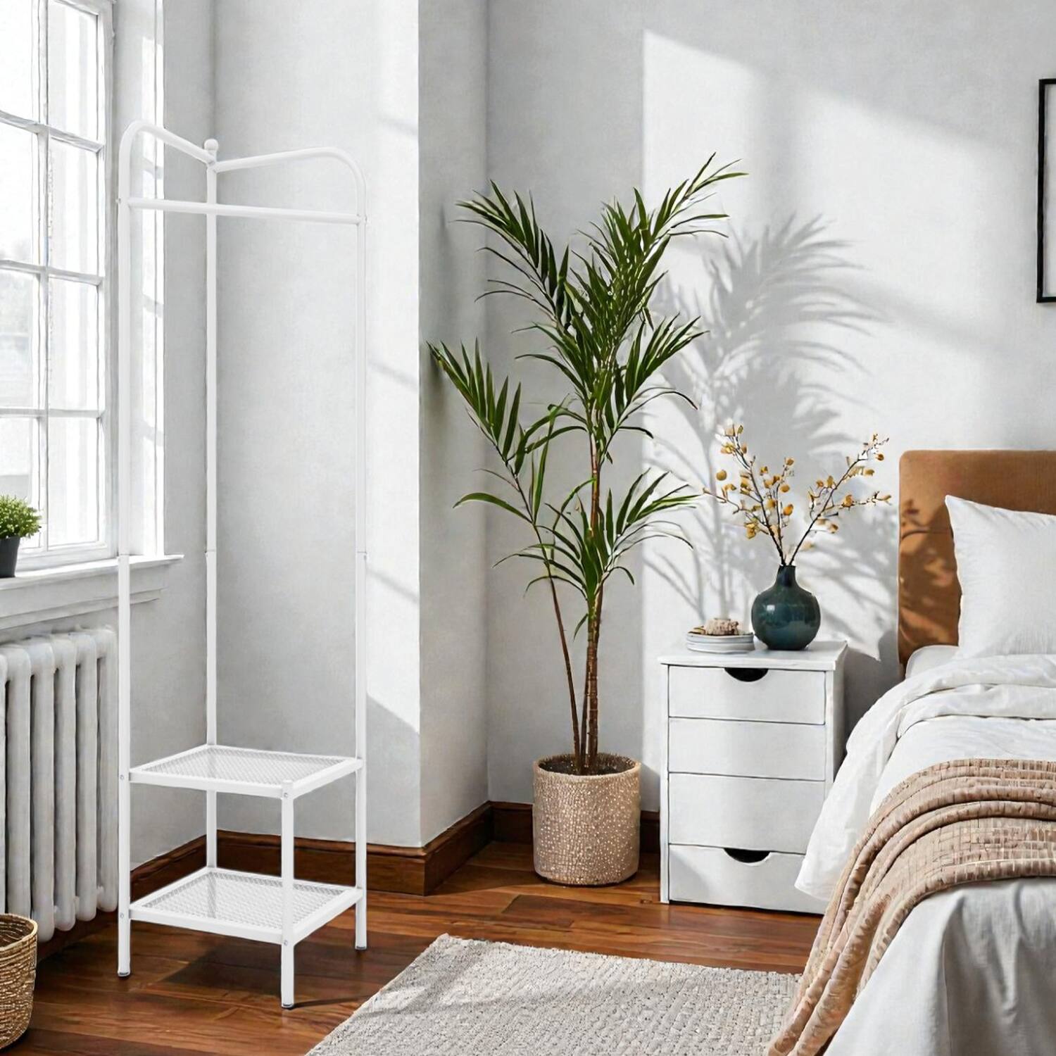 Hivvago Compact Corner Entryway Rack with Upper Clothes Bar and Two ...