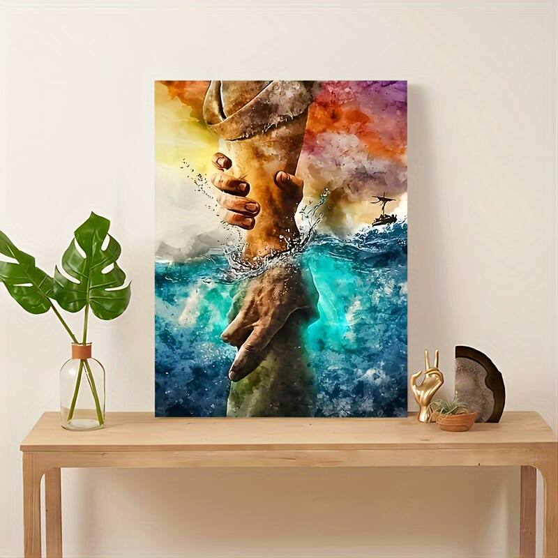 blue 1pc wood frame canvas painting, hand of god wall painting ...