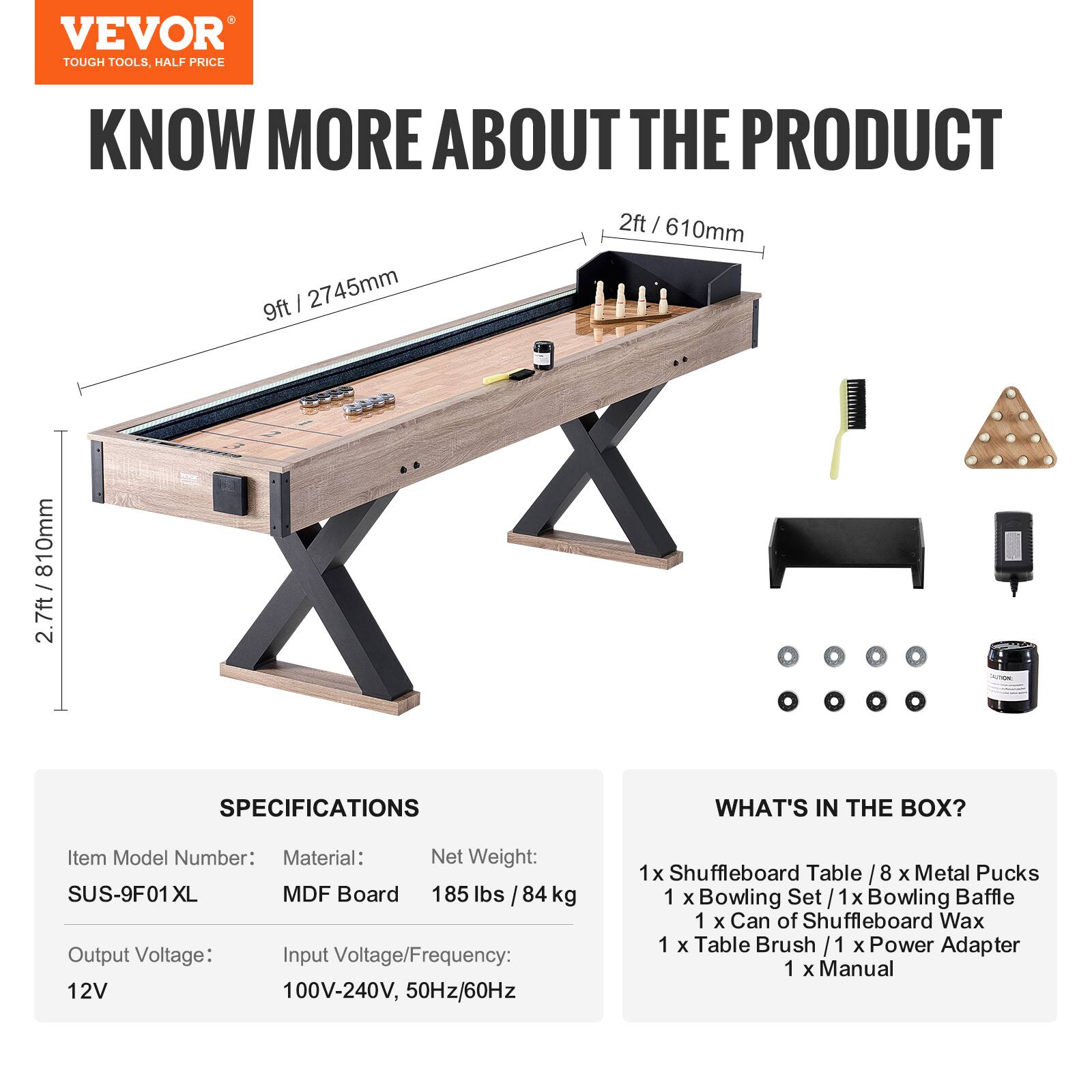 VEVOR Shuffleboard Table, 9 ft LED Light Up Shuffleboard for Family ...