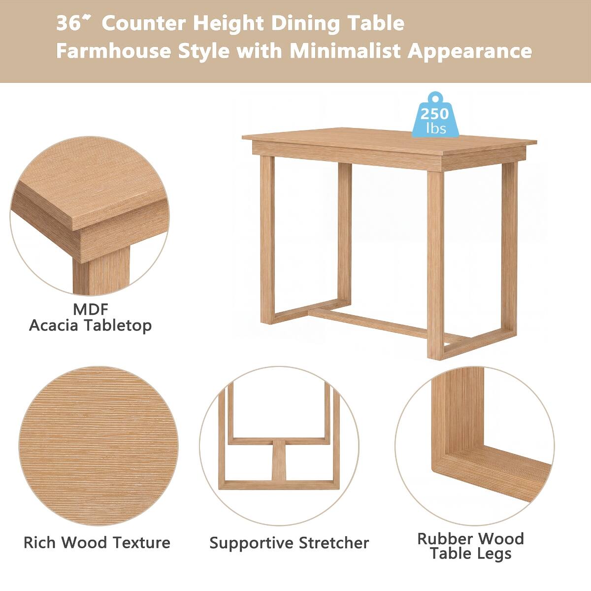Loheer Farmhouse Dining Table Set, Counter Height, Natural Wood, Table ...