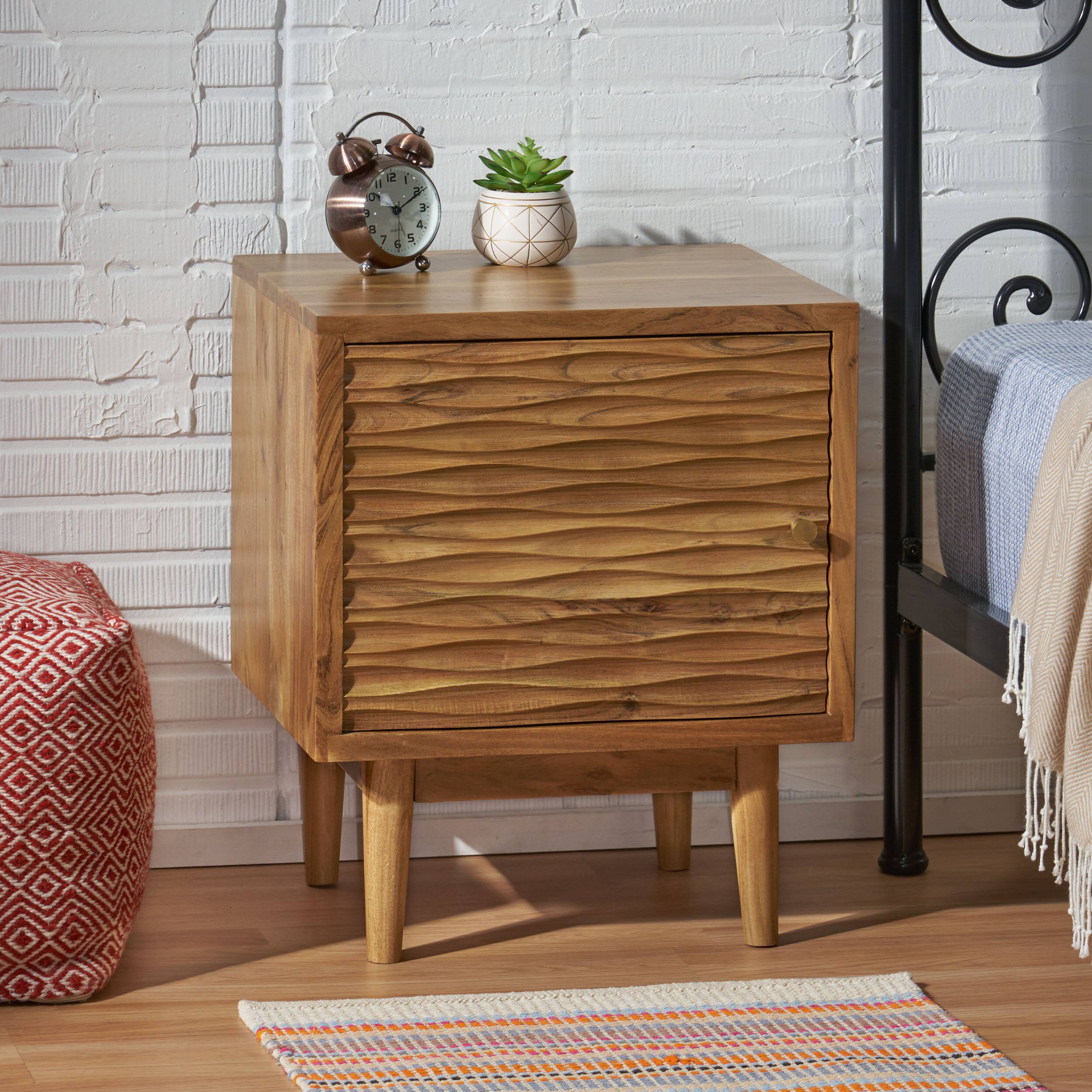 Tiramisubest Handcrafted Acacia Wood Nightstand with Carved Texture and ...