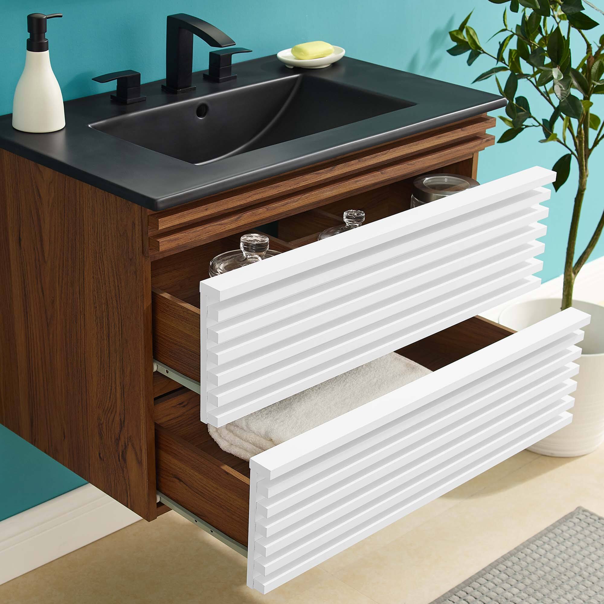 Modway Render Wall Mount Bathroom Vanity with Black Basin Included ...