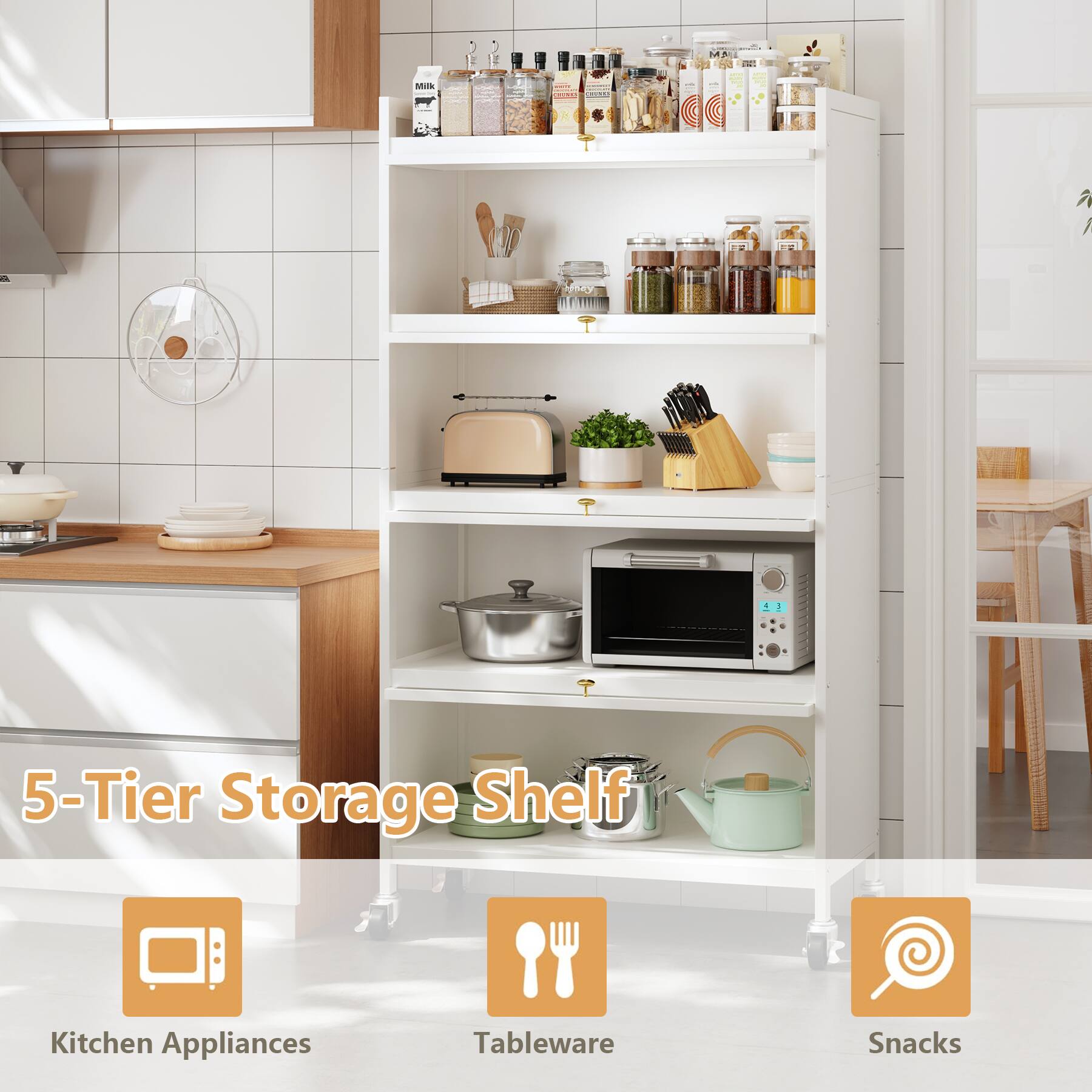 HONGGE 5 Tier Bakers Rack with Storage Doors and Wheels White QLBBHG048 ...