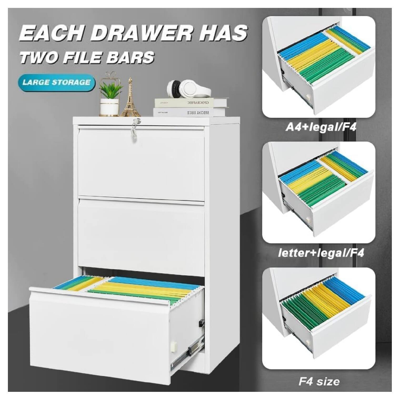 GARVEE 3 Drawers Lateral File Cabinet with Lock, Metal Filing Cabinet ...