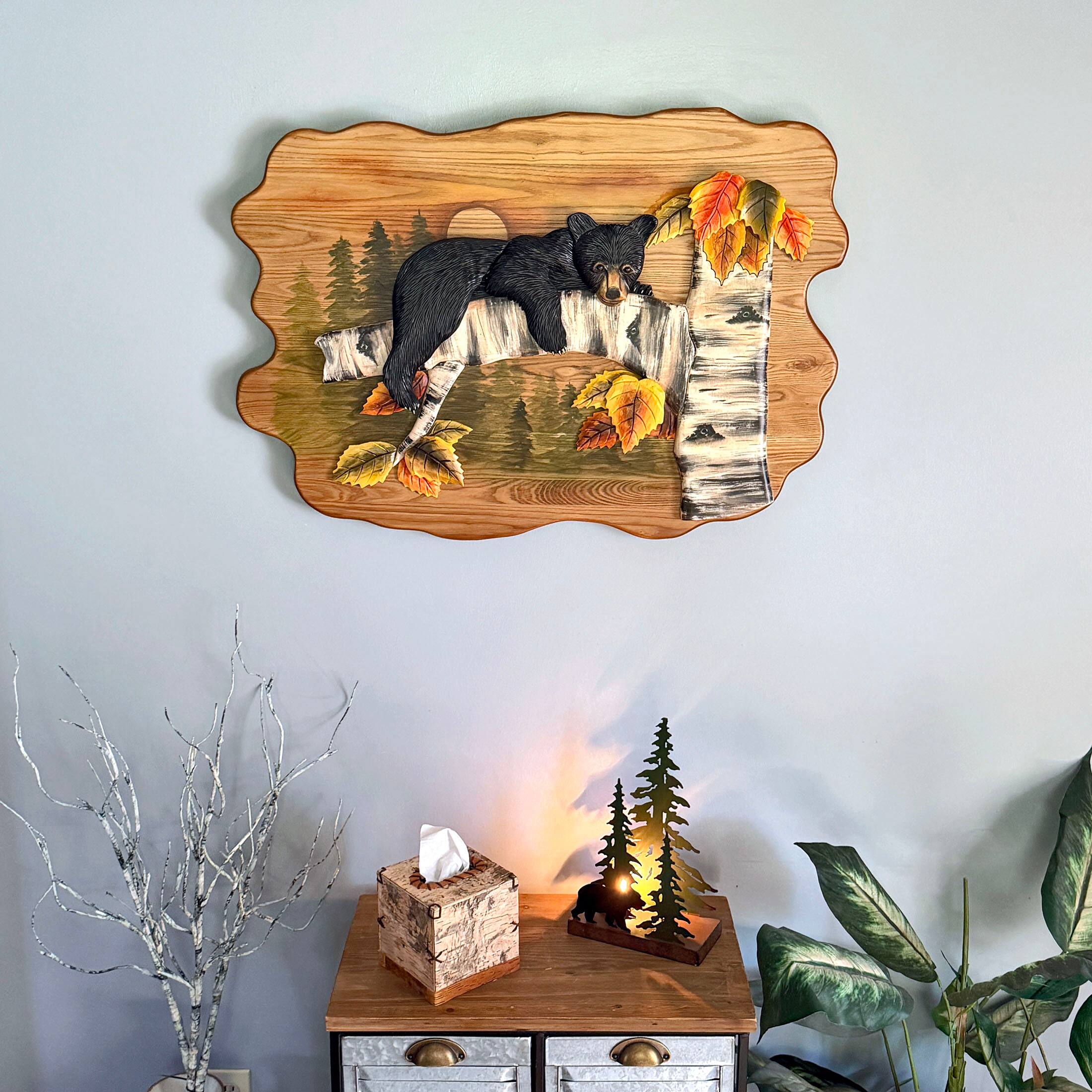 Zeckos Bear Cub in Birch Forest Wood Wall Sculpture 24x34.5 Glossy ...