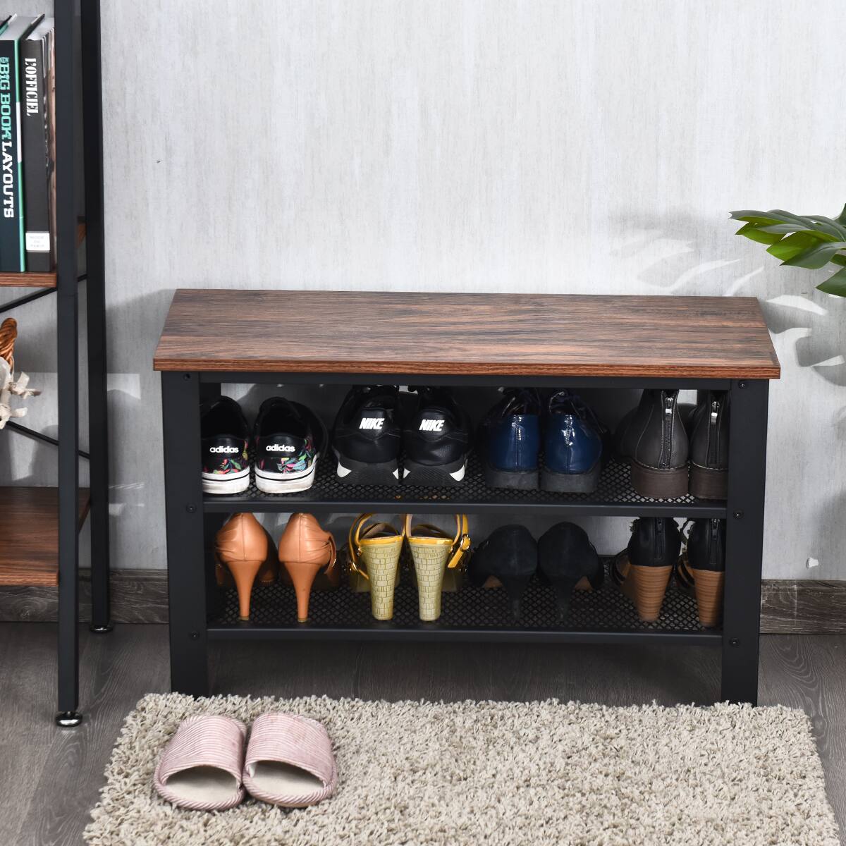 Costway 3 Tier Shoe Rack，Industrial Shoe Bench with Storage Shelves for ...