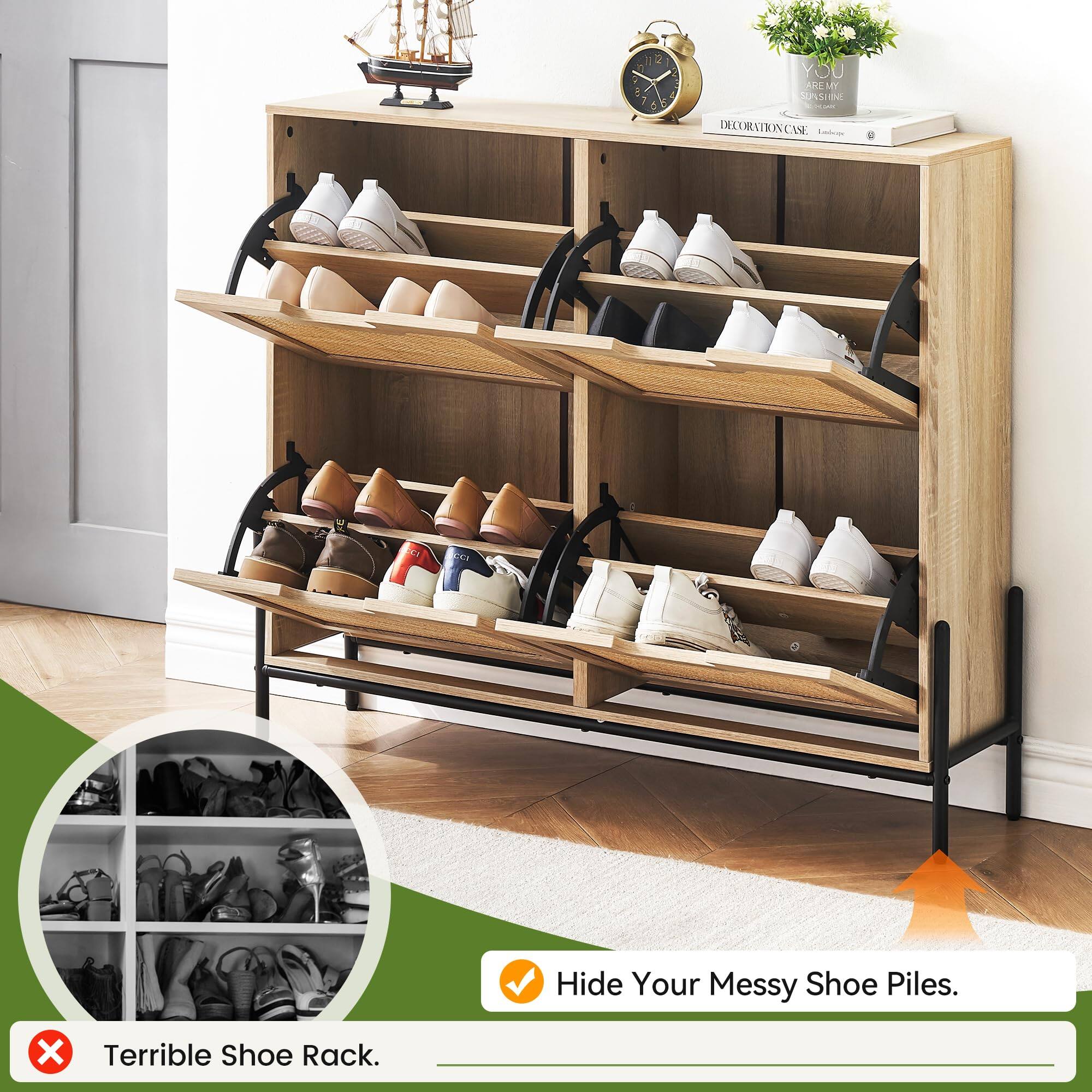 Jojoka Rattan 4 Flip Door Shoe Cabinet with 3 Gear Adjustable Shelves ...