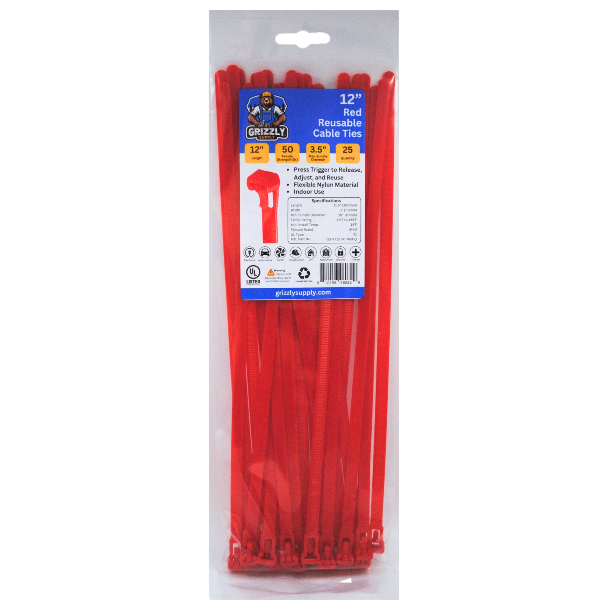 Grizzly Supply 12" 50lb Releasable Cable Tie 25/bag Red GS-RT12-50-Red ...