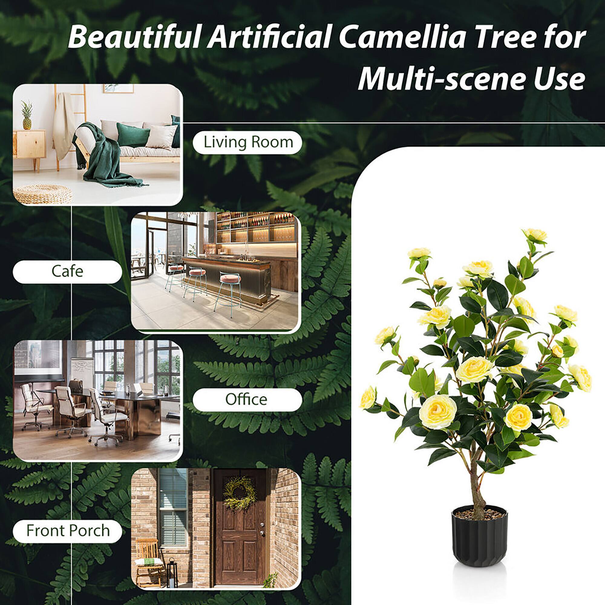 Gymax 2 Pack 38'' Artificial Camellia Tree Faux Floral Plant for ...