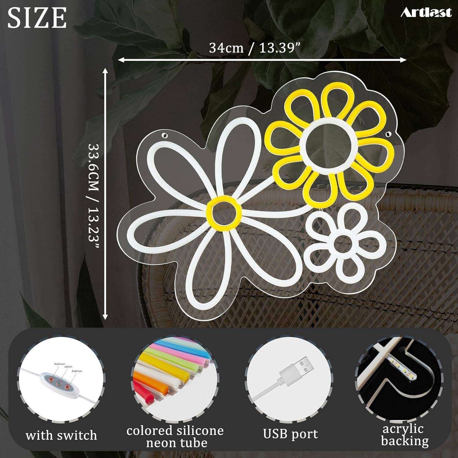 Auledio Daisy Flower Neon Sign, 13.39x13.23 inches, Cool White+Warm ...