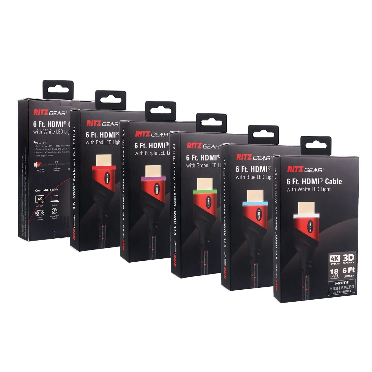 Ritz Gear 4K HDMI Cables 6 ft [5 Pack] /Red Braided Nylon Cord with Multi Color LED Lights for ...