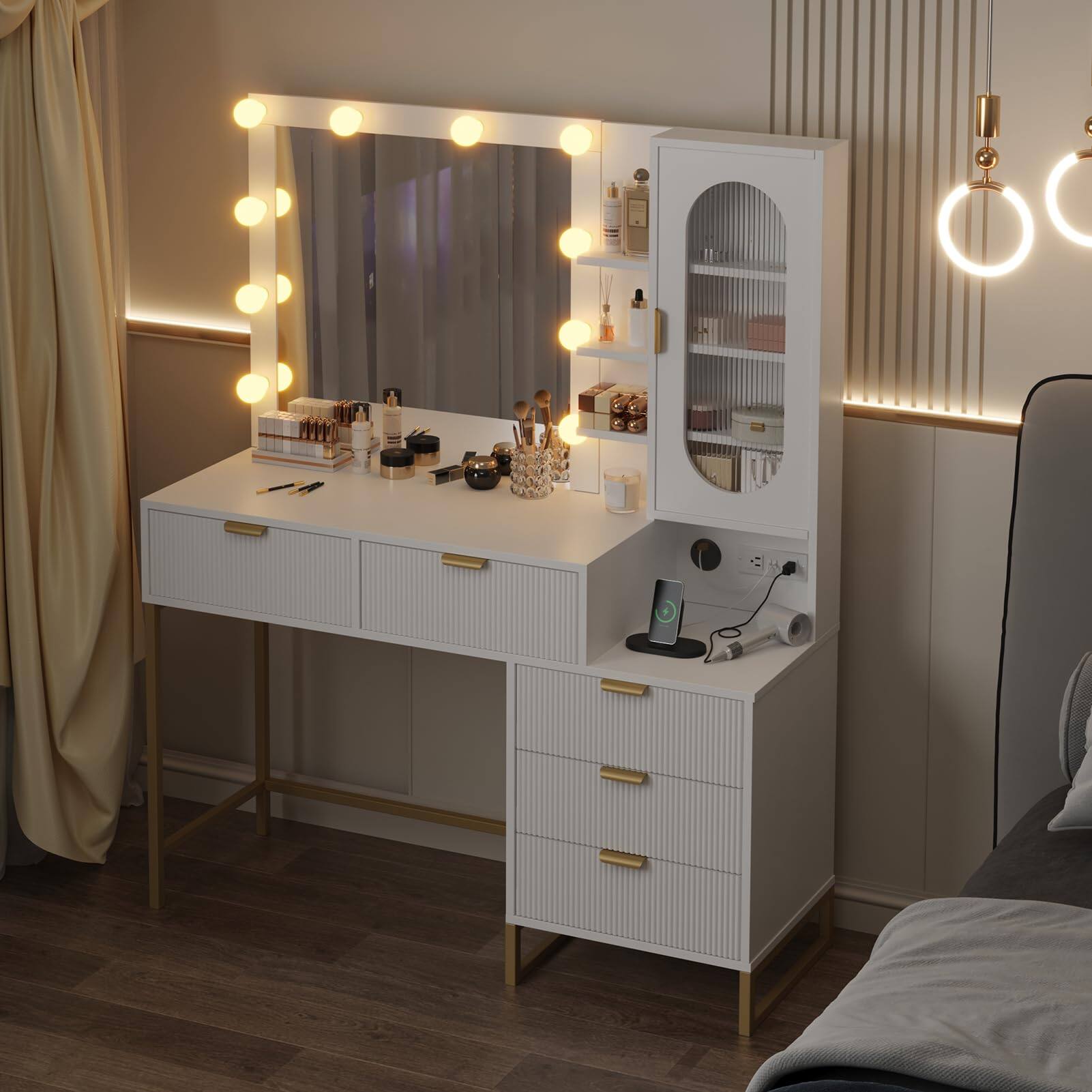 Jojoka Modern Vanity Desk with Mirror & LED Lights, Makeup Table with ...