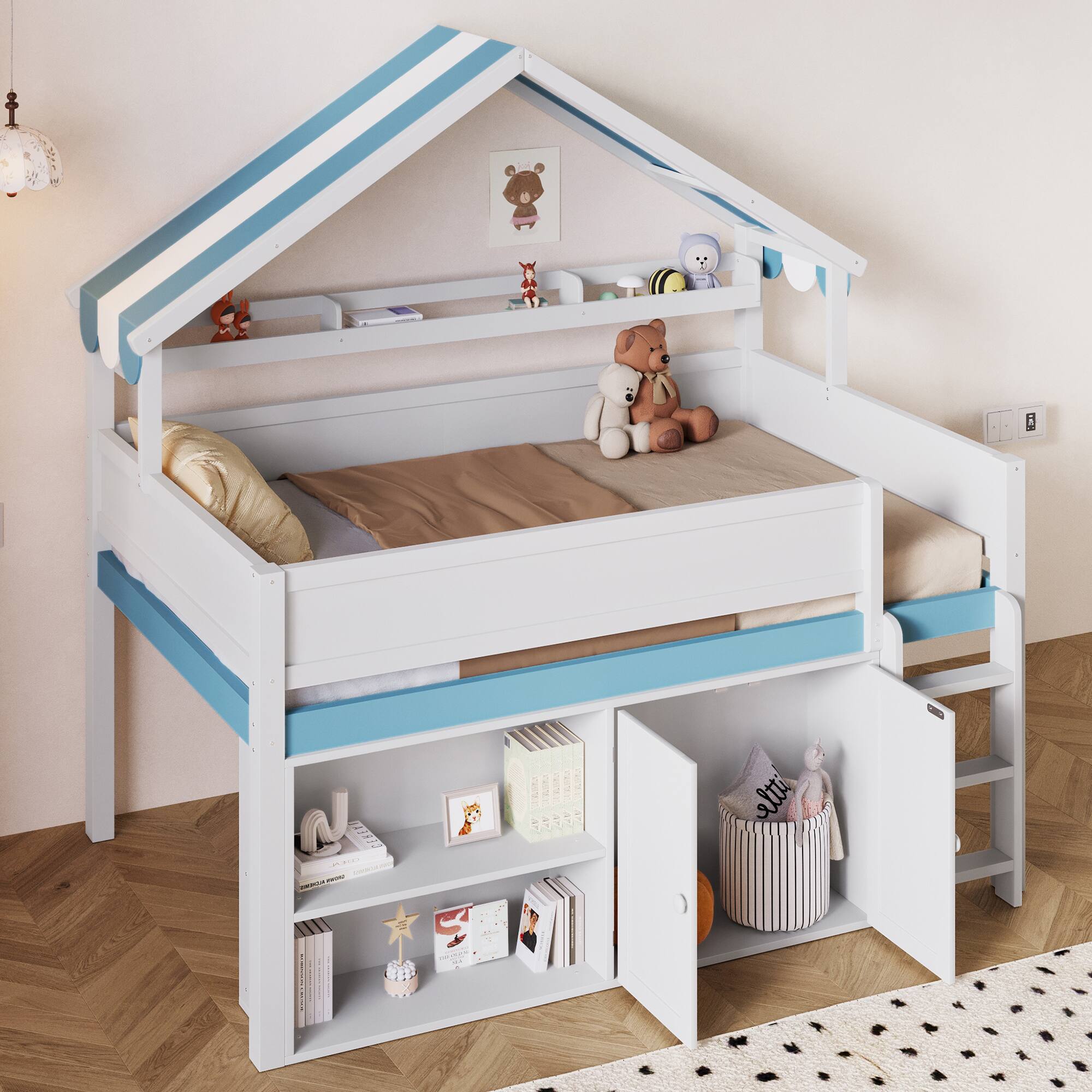 TinyHomie Full Size Loft Bed with Canopy Roof and Storage Cabinet White ...