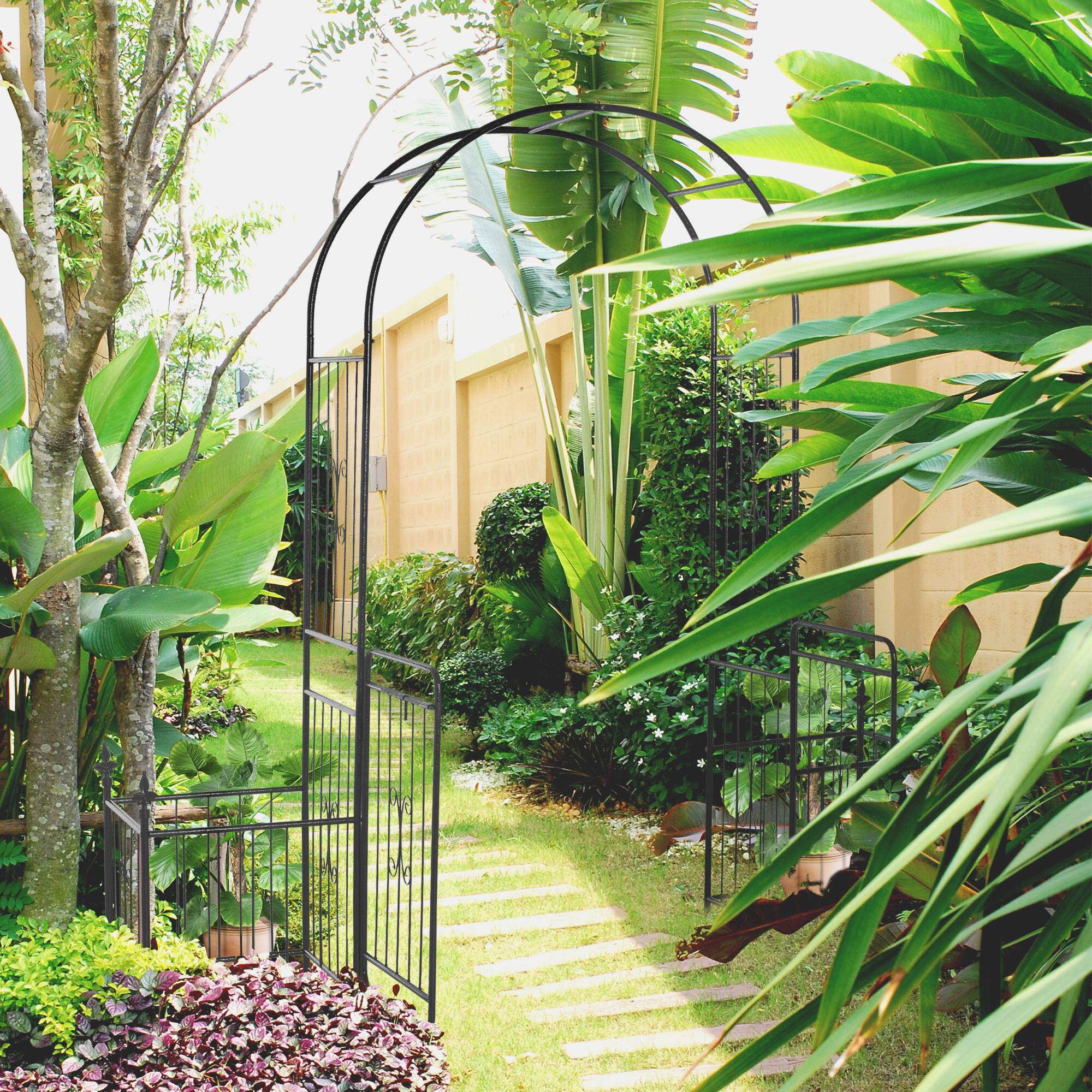Outsunny 86" Garden Arch Arbor, Metal Arch Trellis with Gate and ...