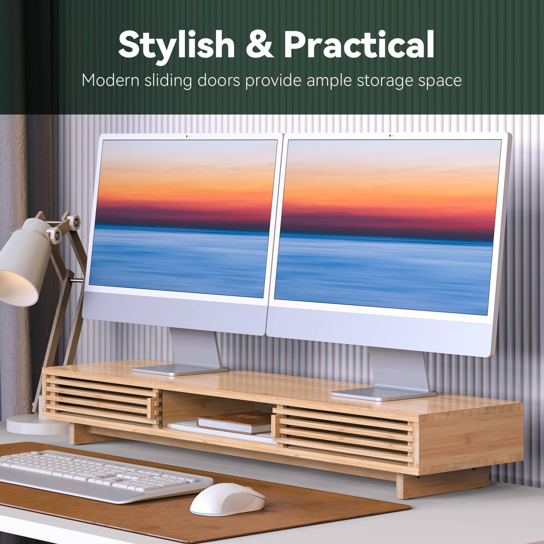 Refined Abode Design Dual Monitor Stand Riser With Sliding Door Double ...