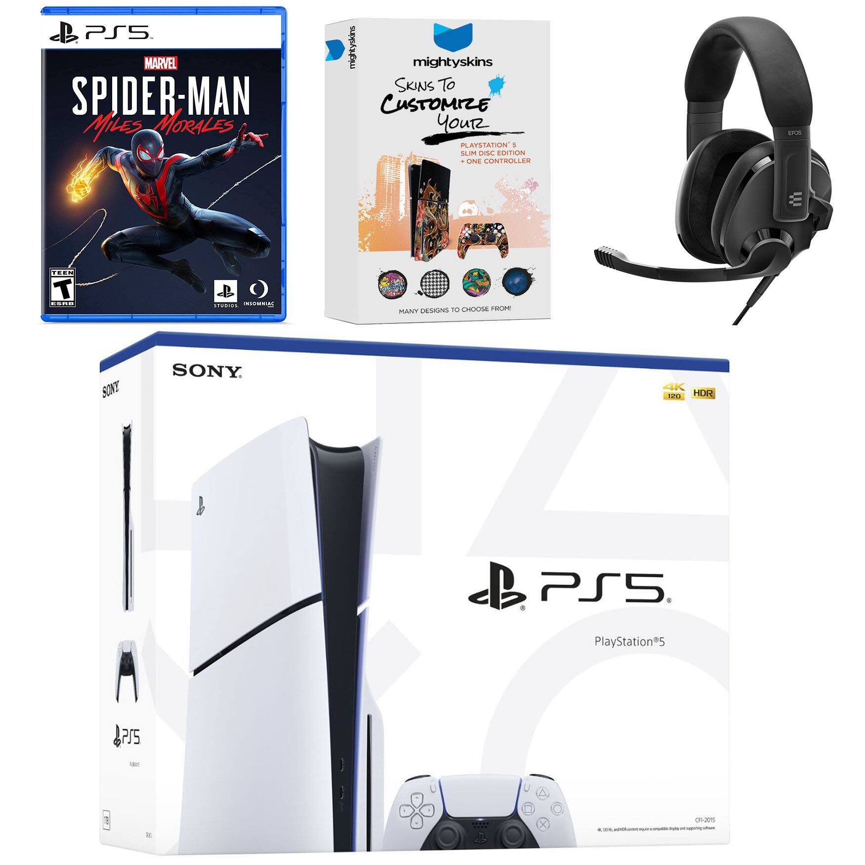 PlayStation 5 Slim Disc Bundle with Spider Man: Miles Morales, EPOS Headset and MightySkins Code ...