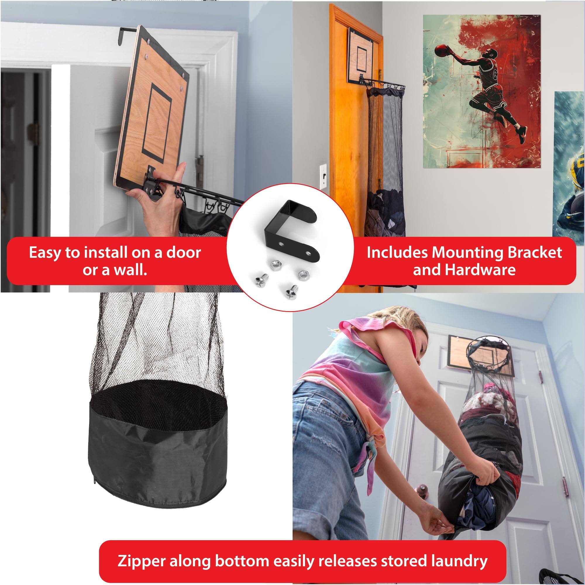 JETRANSPORT Wooden Basketball Hamper Hoop Laundry Basket Over The Door ...