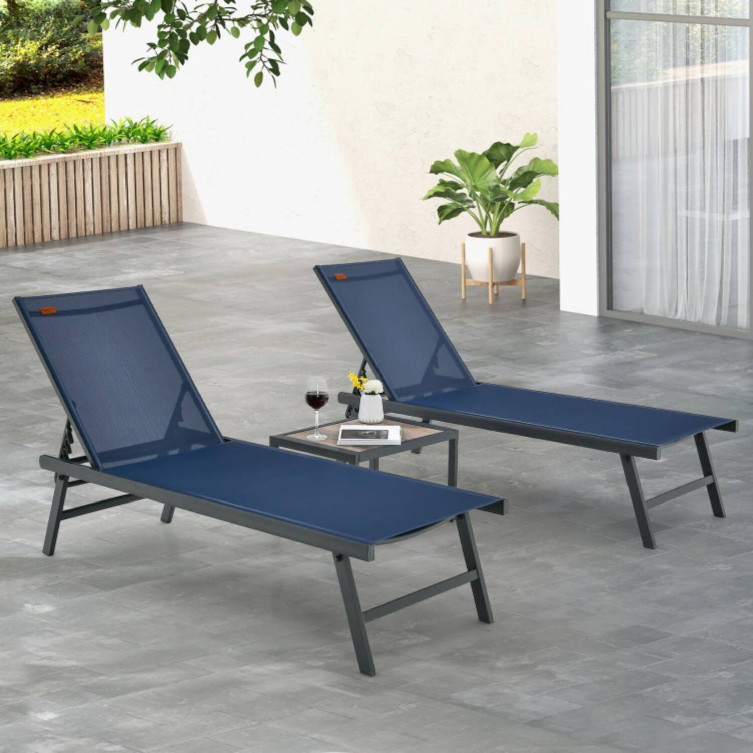 Mondawe 3 Pcs Patio Chaise Lounge Set w 2 Chairs & Table 6 Level ...