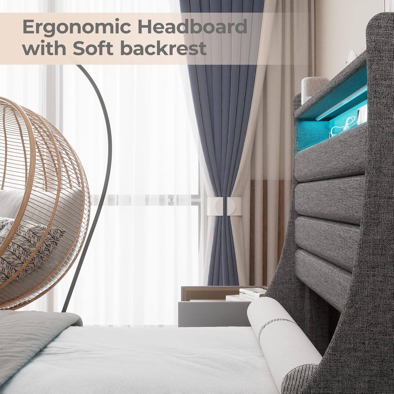 Jojoka Queen Upholstered Bed Frame with Headboard, LED Lights, Charging ...