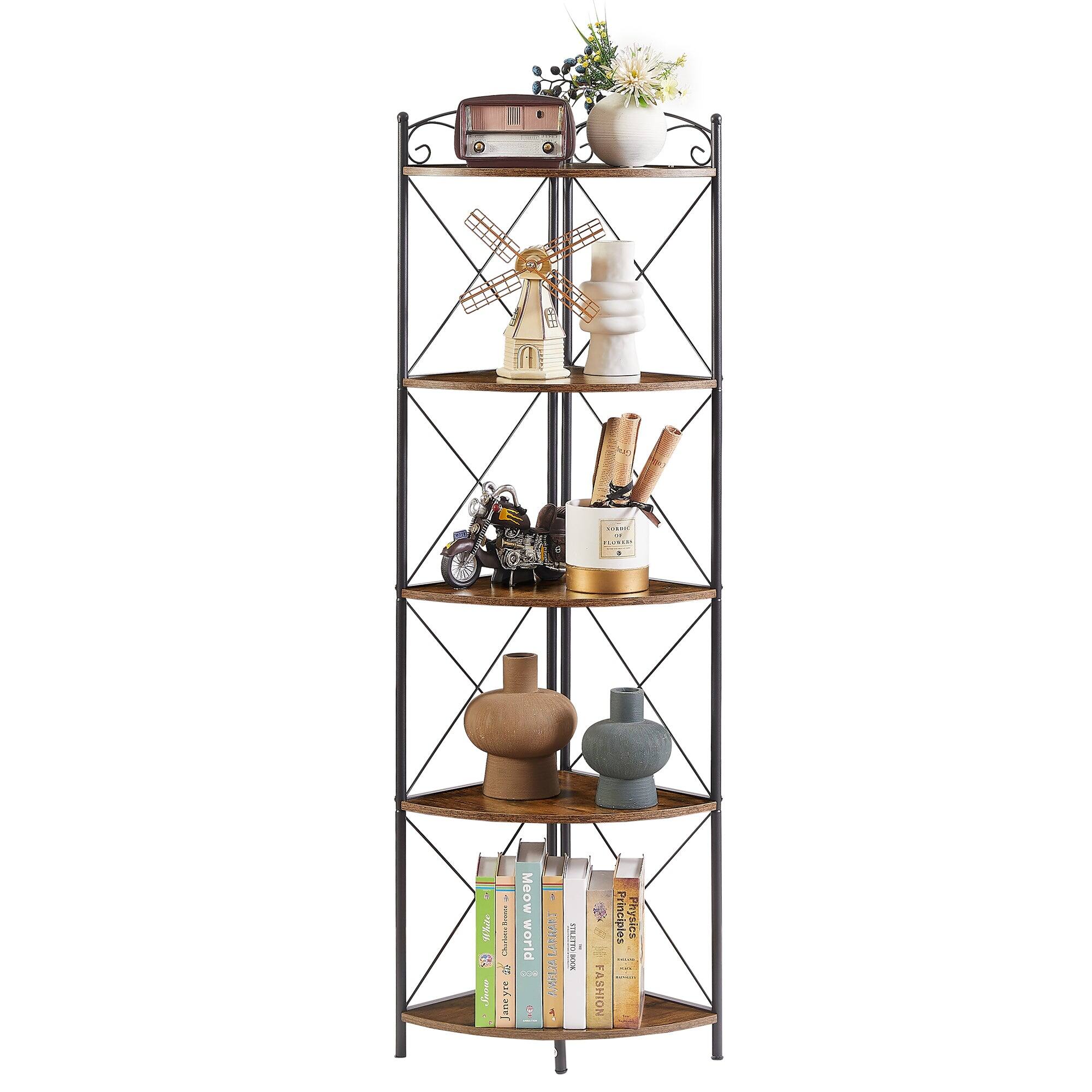 Vecelo 5 Tier Corner Shelf, Rustic Industrial Corner Bookshelf with ...