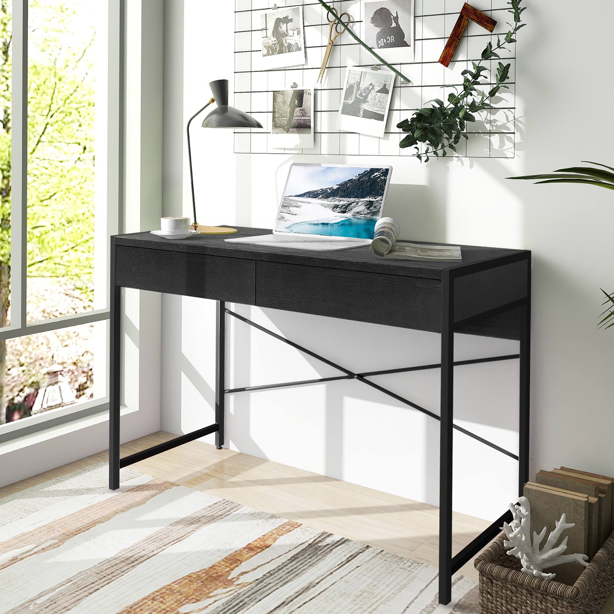 Costway Metal Framed Computer Desk with 2 Drawers Black COST00330 ...