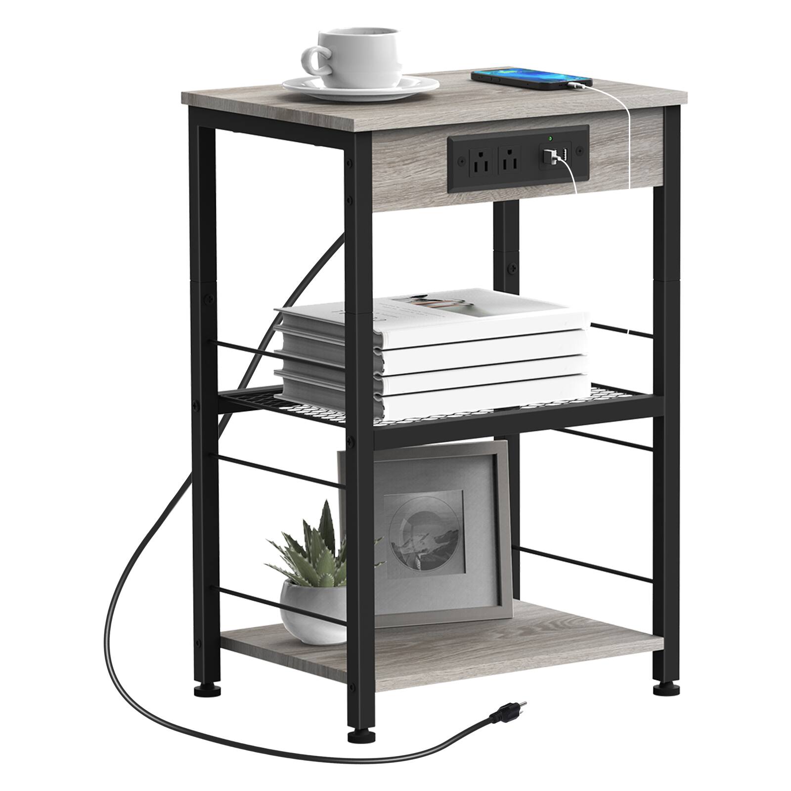 Oumilen 3 Tier End Table with Charging Station Gray OBBY-CT030 - Best Buy