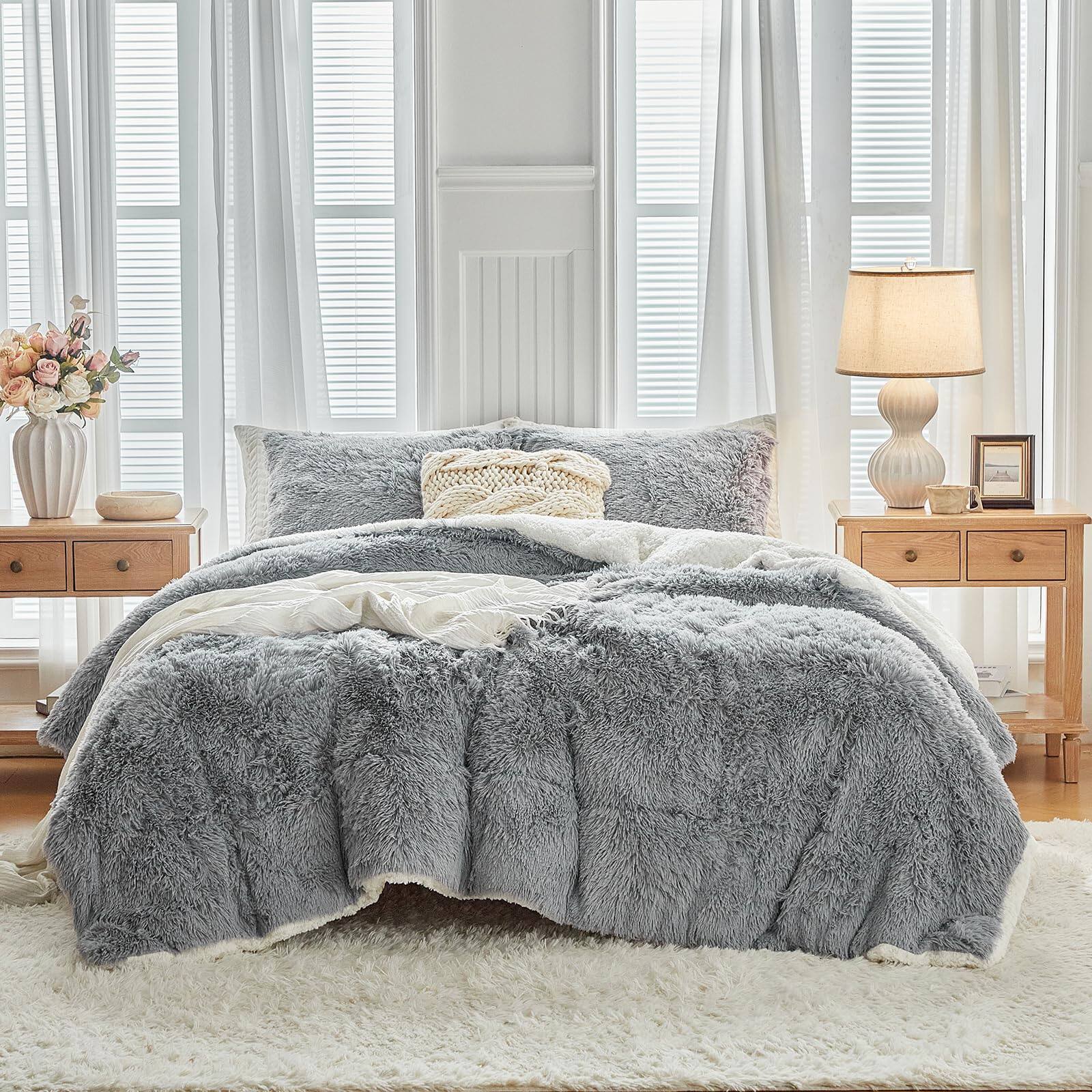 Paradigms Interiors Gray Faux Comforter Set 3 Pieces 1 Shaggy 104x90 ...