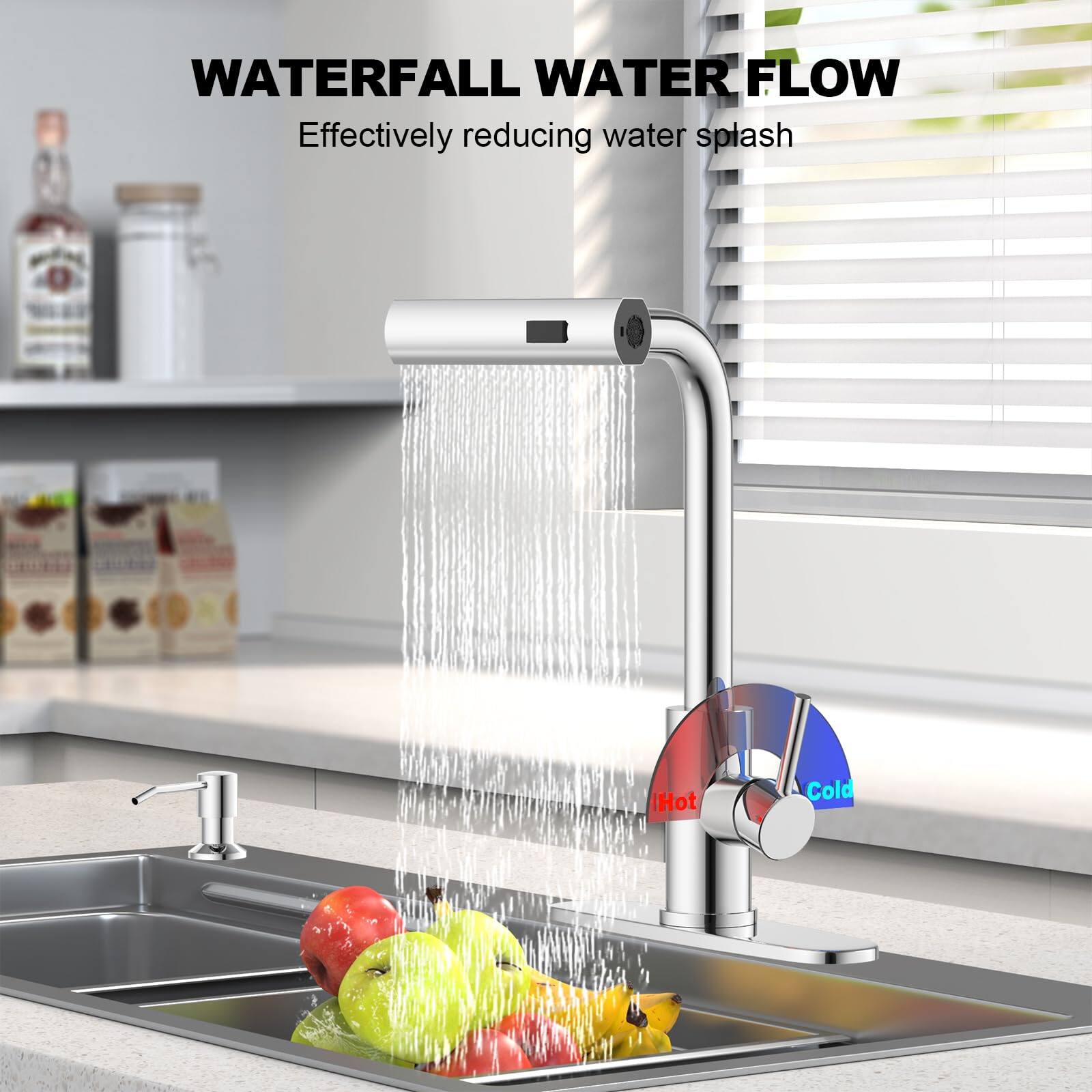 Paradigms Interiors Waterfall Kitchen Faucets With Pull Down Sprayer Soap Dispenser In Chrome ...