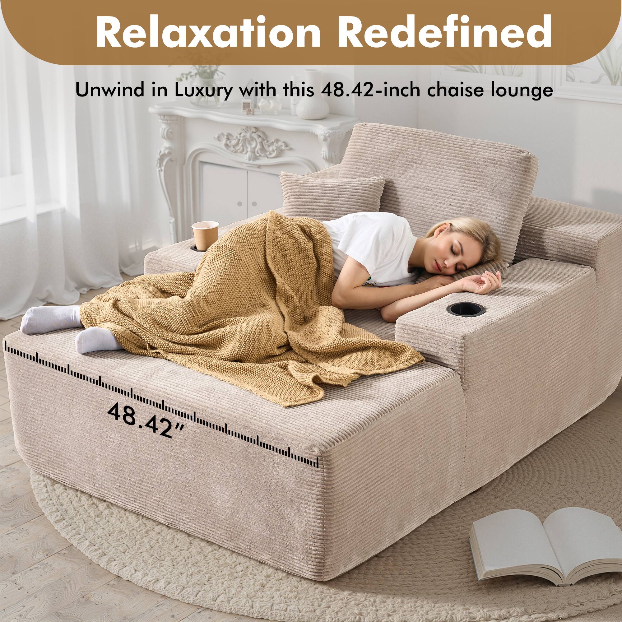 Ovios 67'' Fluffy Chaise Lounge Chair, Sofa Bed with Cup Holders ...