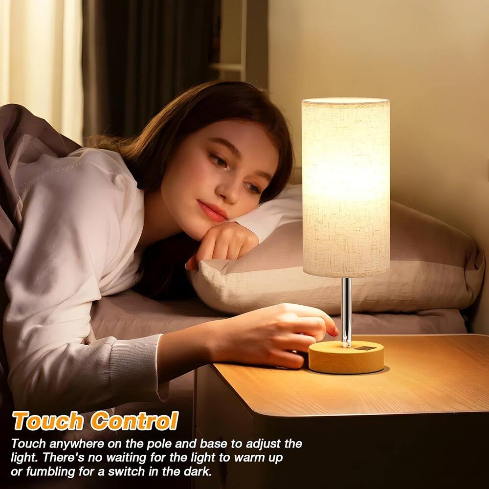 RTMB Touch Bedside Table Lamp – 3 Way Dimmable, USB Charging Port, Wood ...