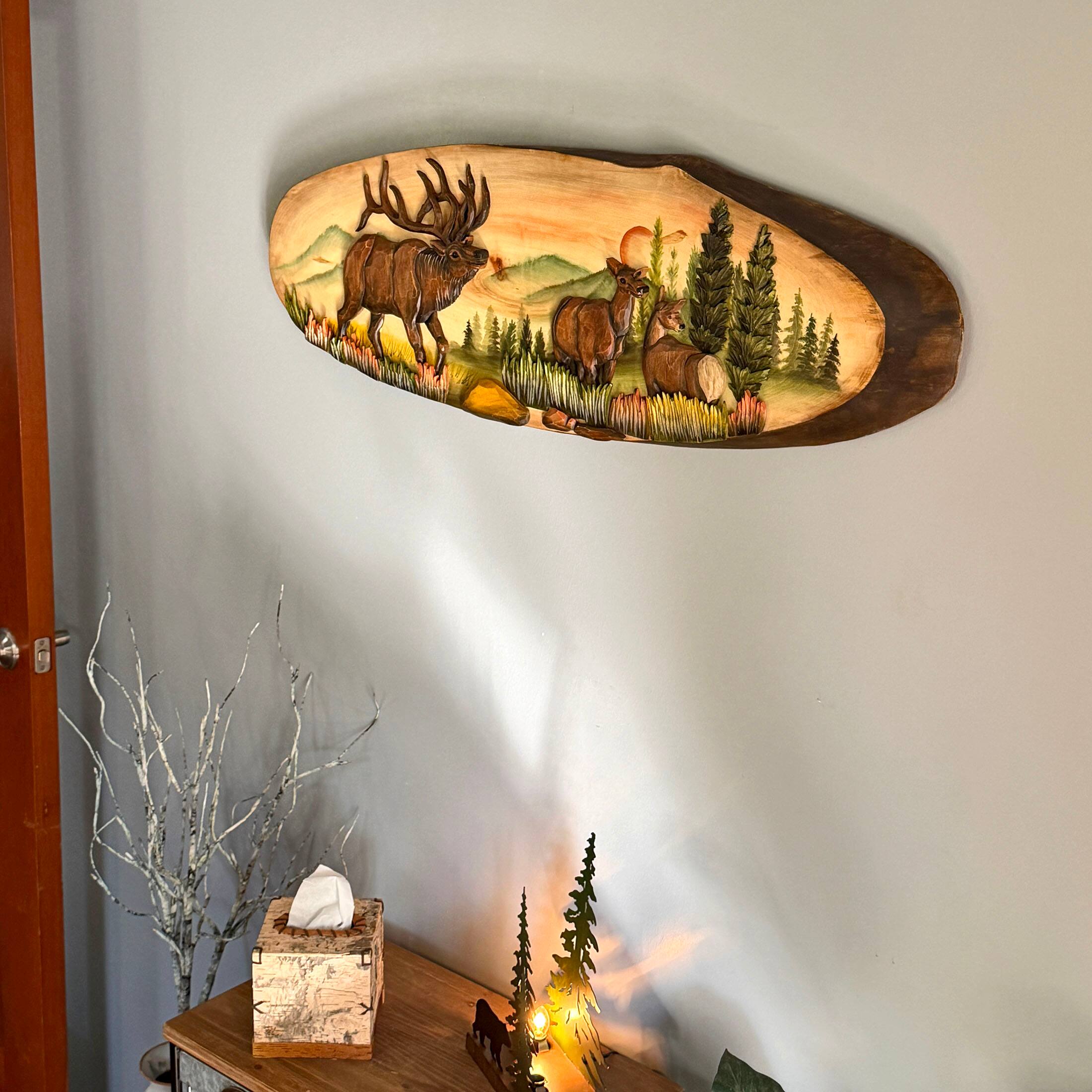 Zeckos Elk Family Intarsia Wood Oval Wall Sculpture 13x40 Rustic Cabin ...