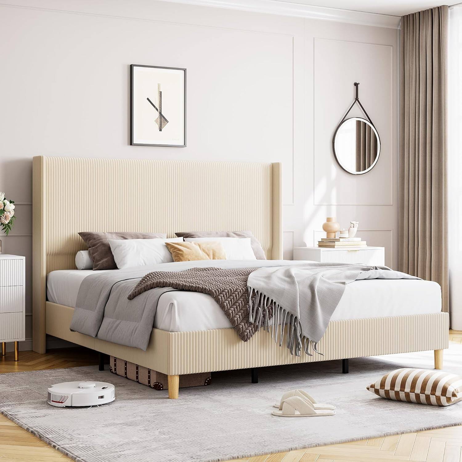 GARVEE Queen Size Corduroy Upholstered Bed Frame Tall Headboard No Box ...