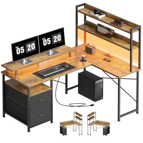 Hirose Alice L Shaped Gaming Desk With Shelves Reversible Computer Led ...