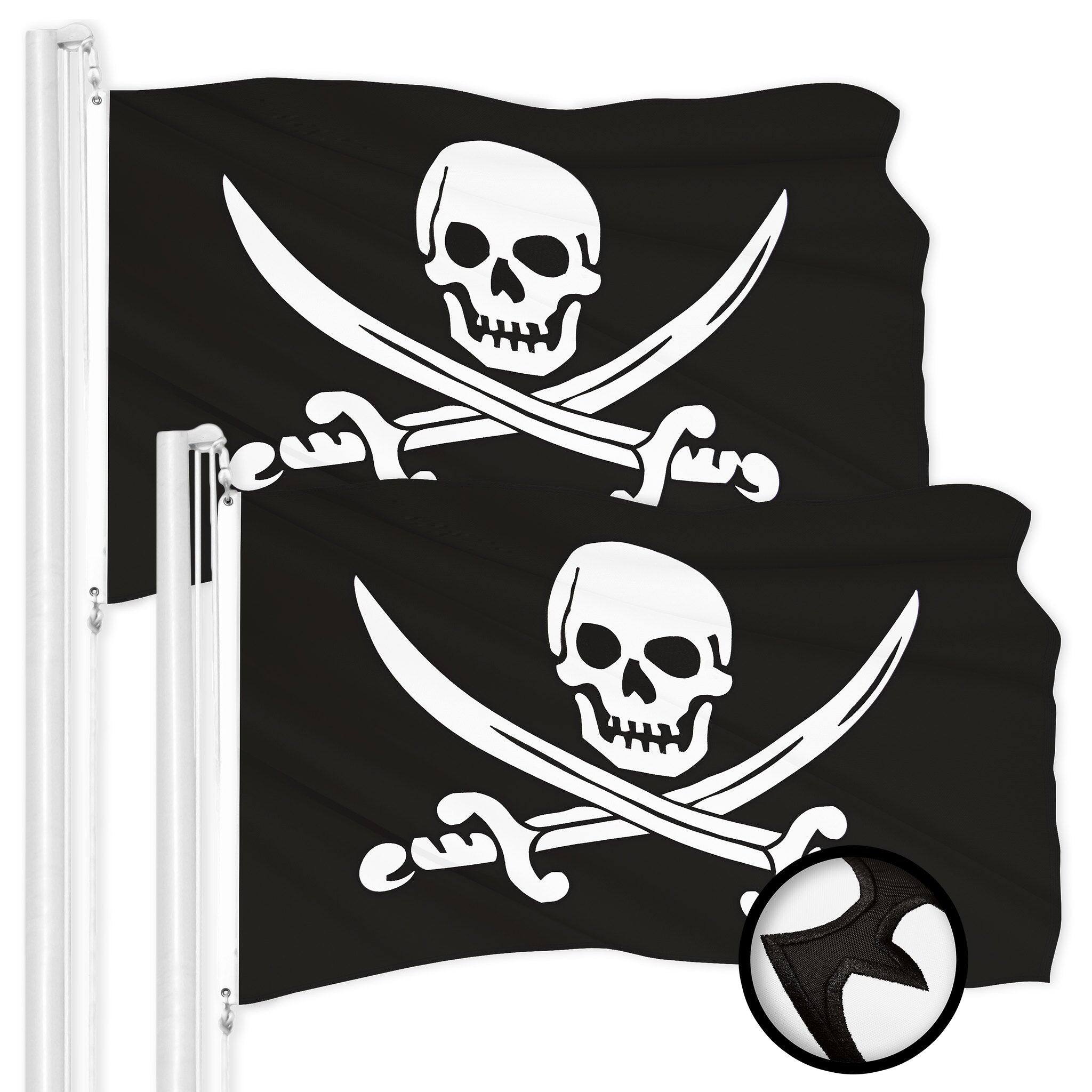 G128 2 Pack Pirate Jolly Roger Flag with Swords, 2.5 x 4 ft Embroidered ...