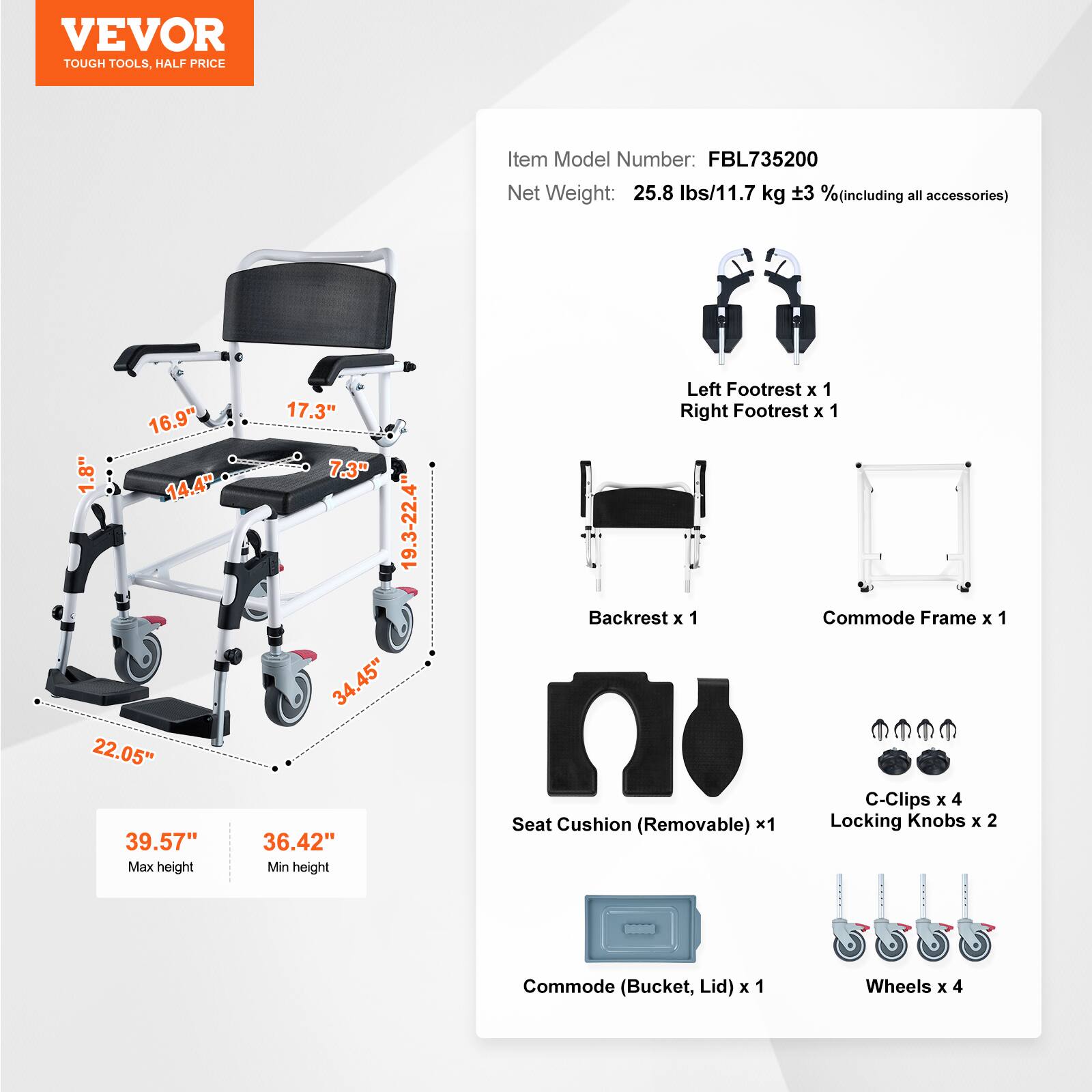 VEVOR Shower Commode Wheelchair with 4 Lockable Wheels, Footrests, Flip ...