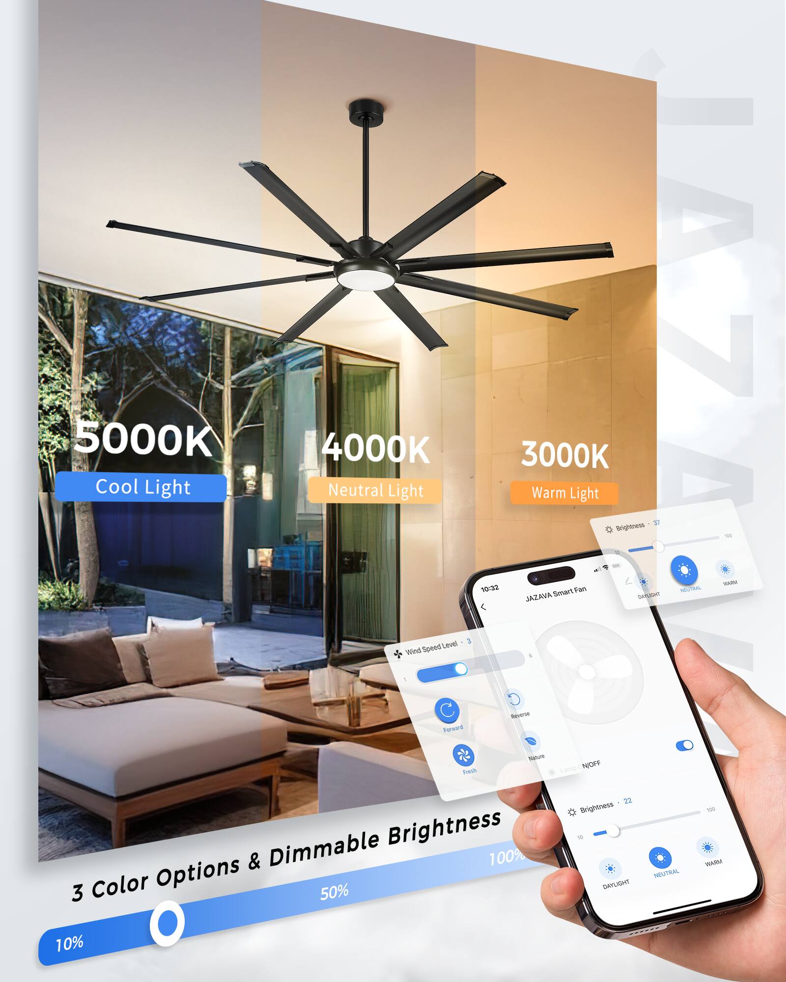 JAZAVA 84 Inch Industrial Ceiling Fan with Light,Large Ceiling Fan with ...